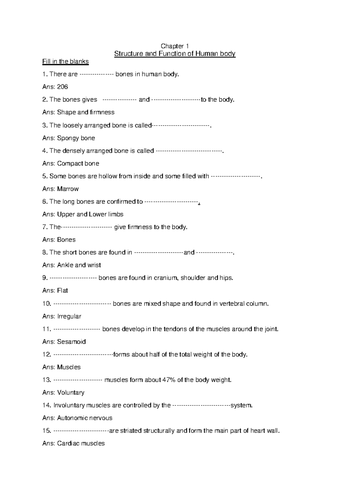 H & H Question Bank - Chapter 1: Structure & Function of Human Body ...