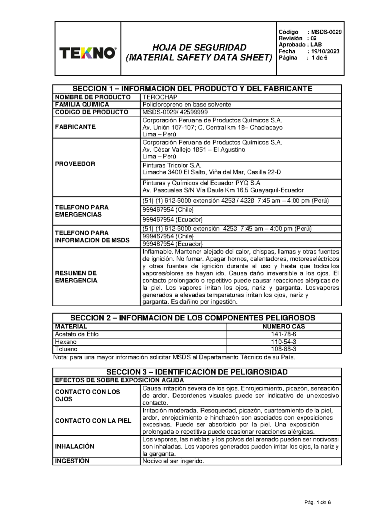 MSDS - Terochap (Policloropreno) - Revisión 02 - LAB - Studocu