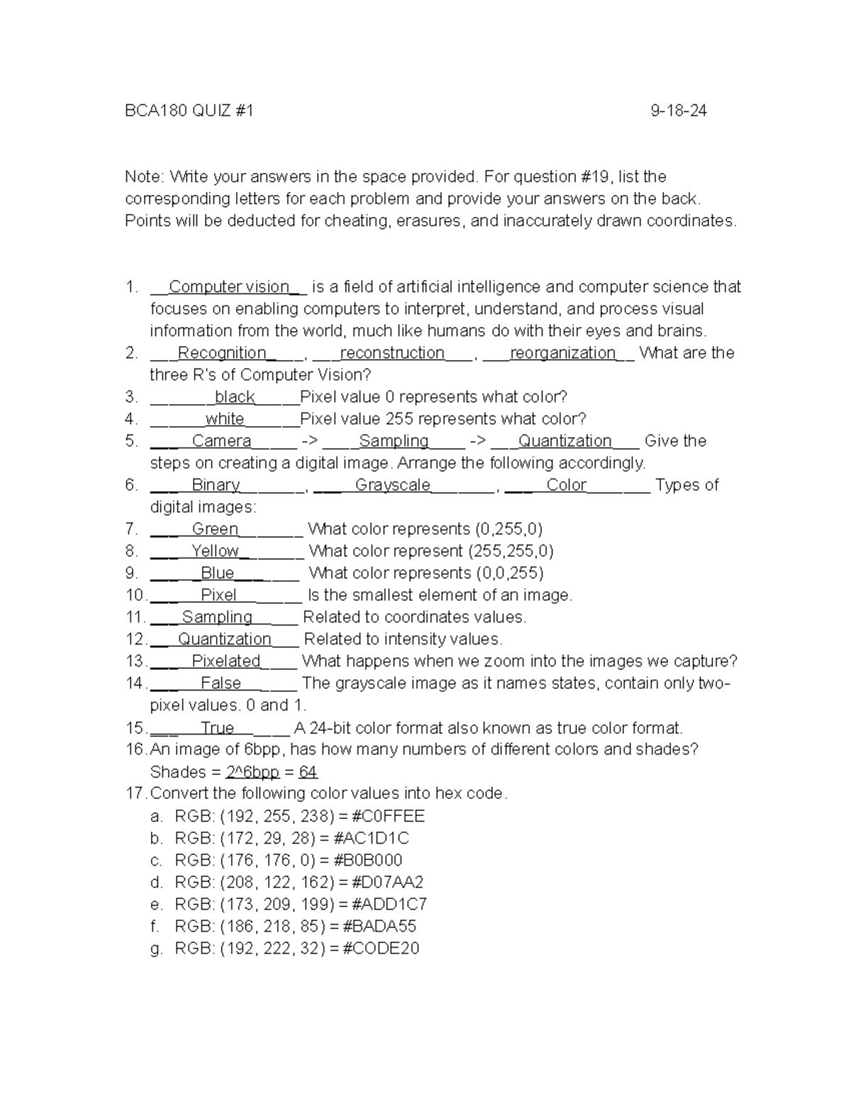 BCA180 QUIZ - For question #19, list the corresponding letters for each ...