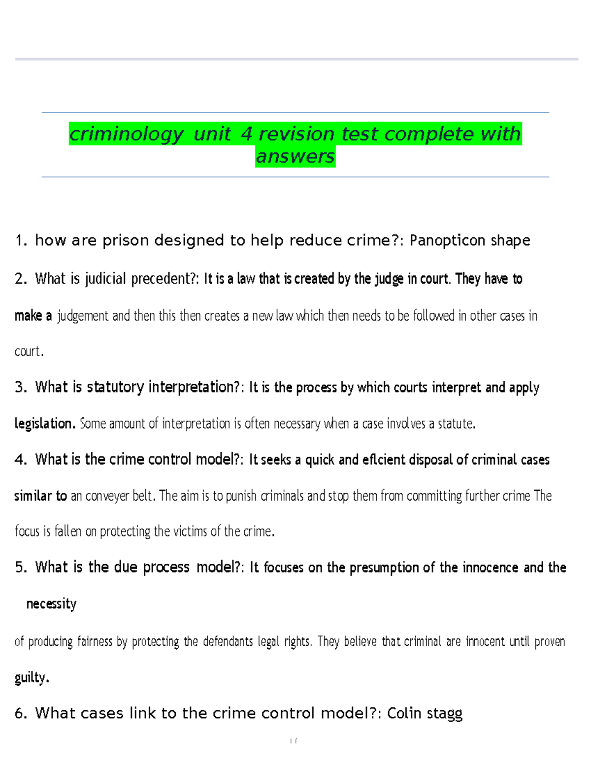 Criminology Unit 4 Revision Test: Key Concepts & Answers - Studocu