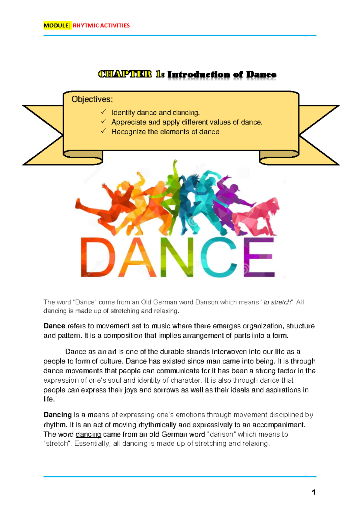 Chapter 1 - Introduction OF Dance - Introduction of Dance The word ...