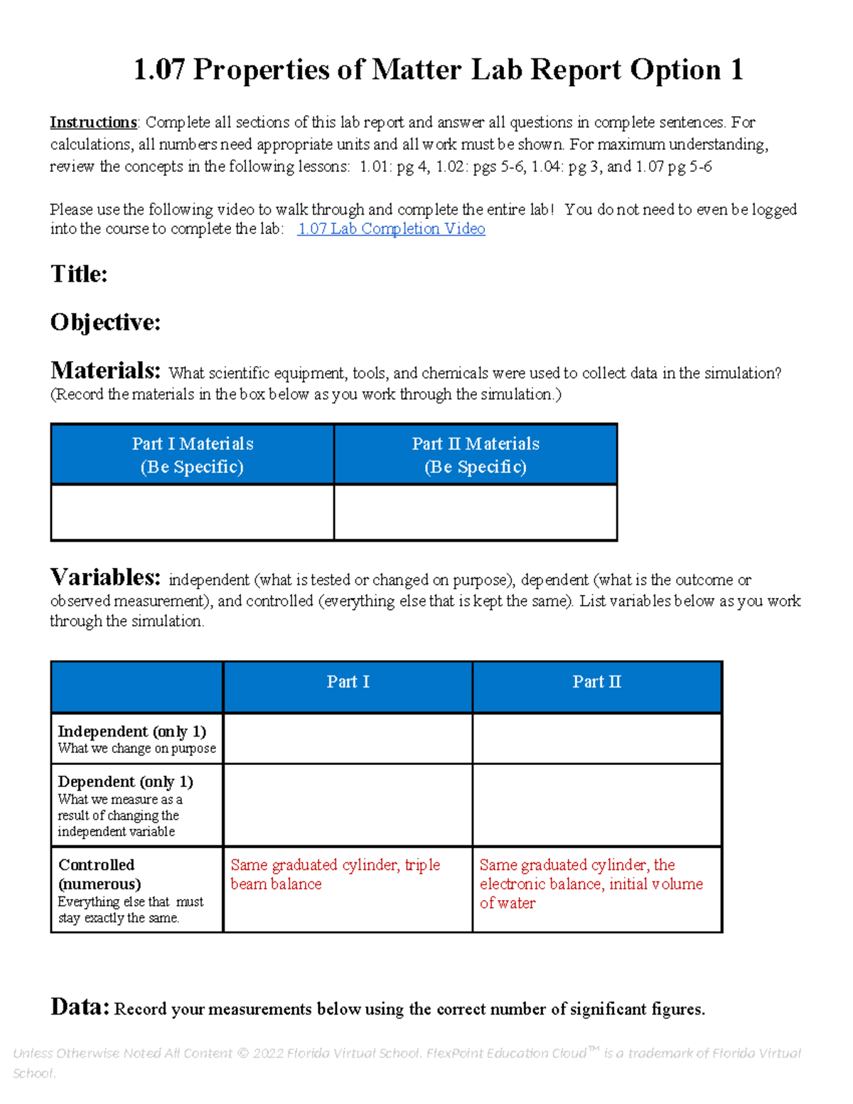 1.07 Properties of Matter Lab Report: Option 1 Instructions and Data ...