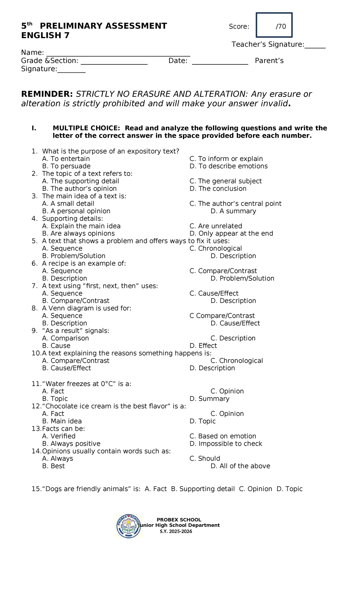5th PRELIMINARY ASSESSMENT ENGLISH 7 - Multiple Choice Questions - Studocu