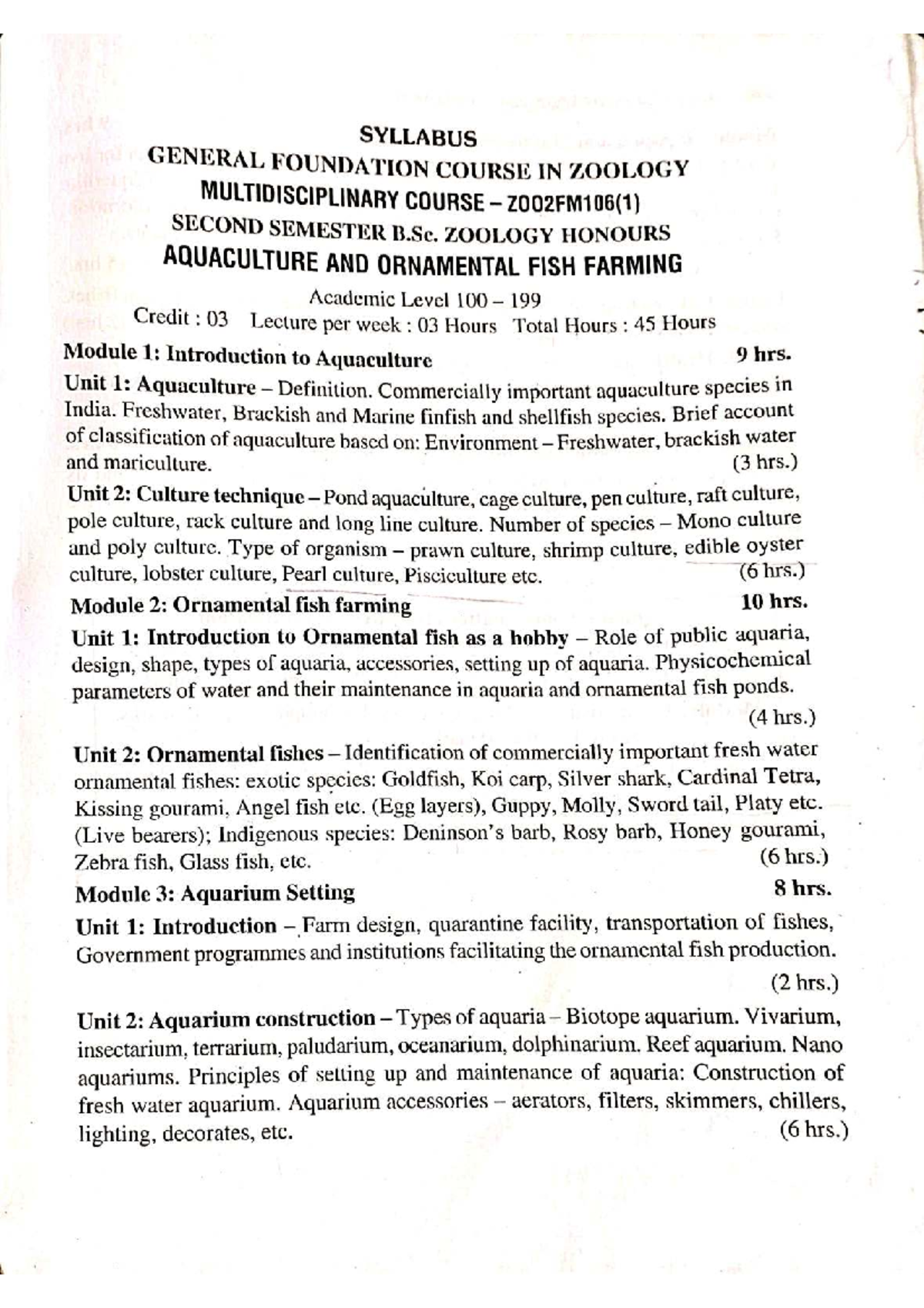 SYLLABUS: FOUNDATION COURSE IN ZOOLOGY Z002FM106(1) - AQUACULTURE ...