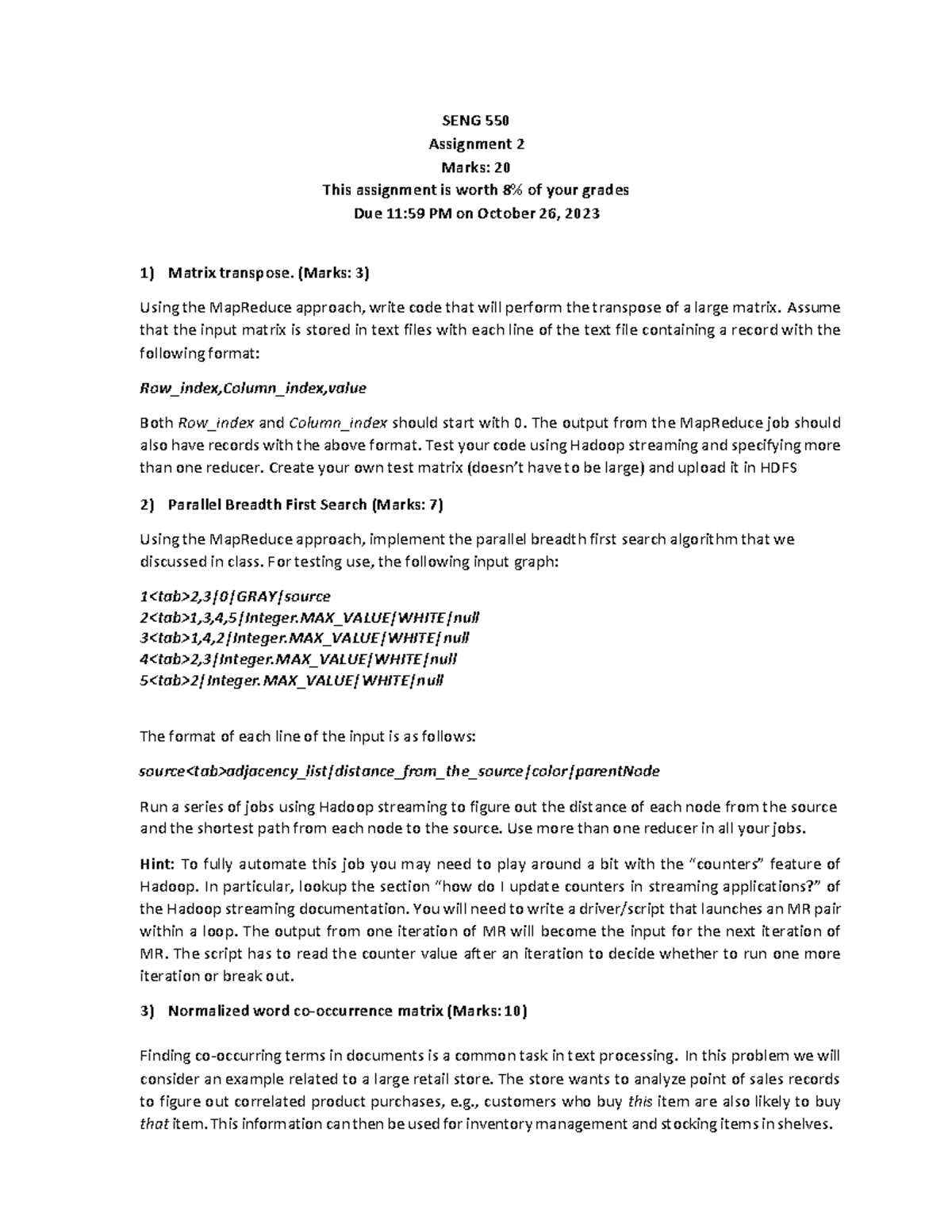 SENG 550 Fall 2023 Assignment 2: MapReduce Tasks and Solutions - Studocu