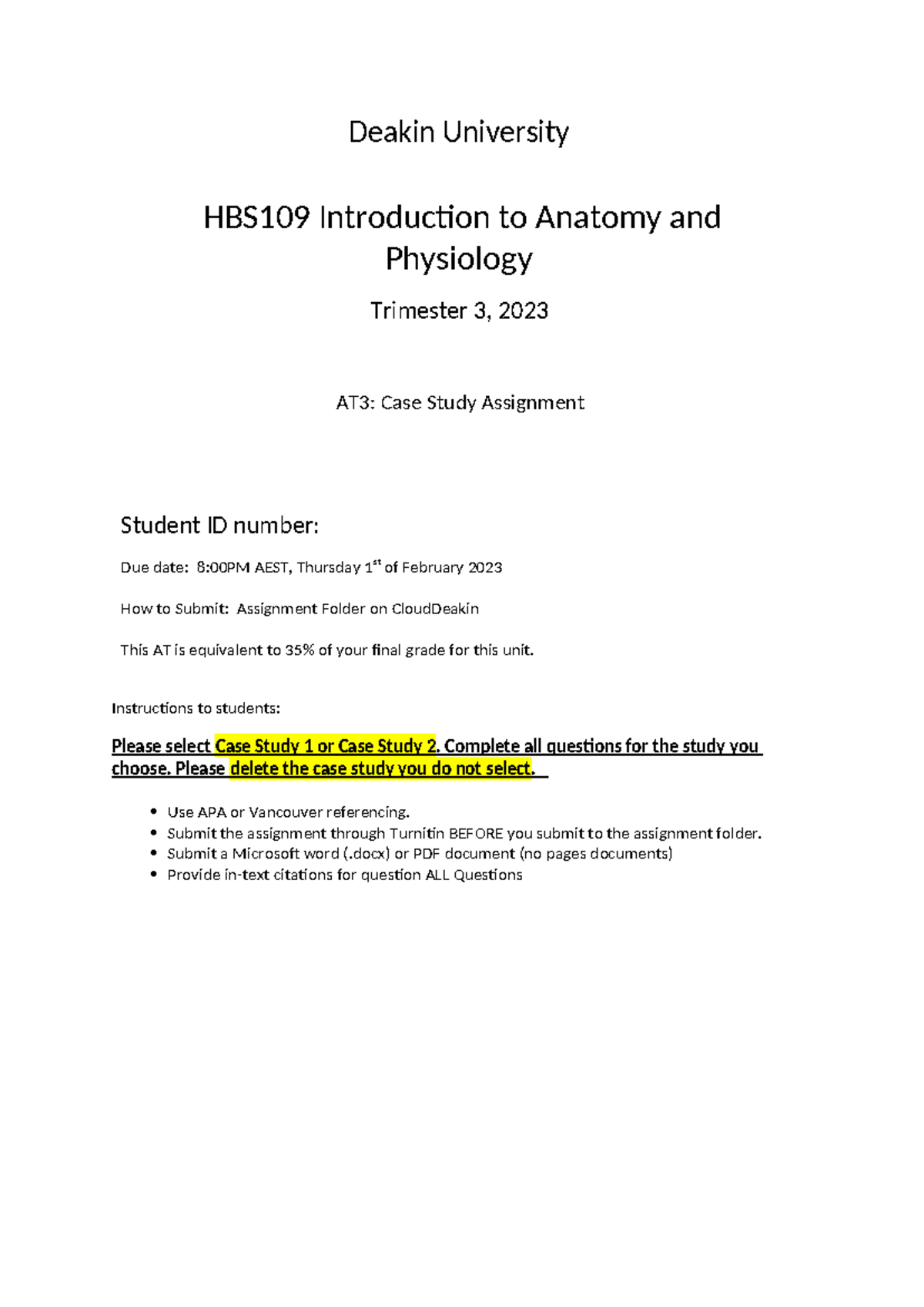 HBS109 Trimester 3, 2023 Case Study Assignment Template - Deakin ...