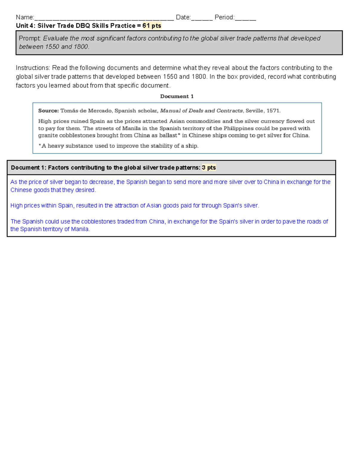 Unit 4: DBQ Practice on Global Silver Trade Factors (1550-1800) - Studocu