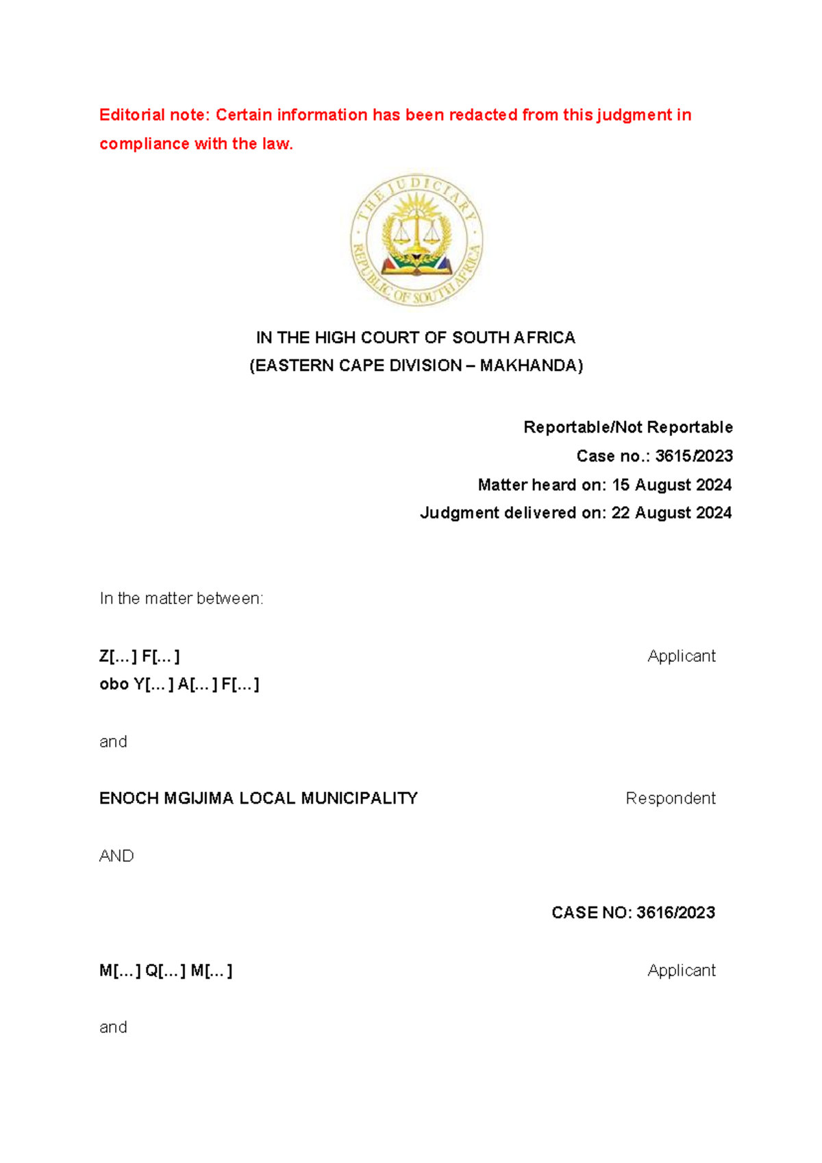 Z N obo Y A F & M Q M v Enoch Mgijima Local Municipality (Case Nos ...
