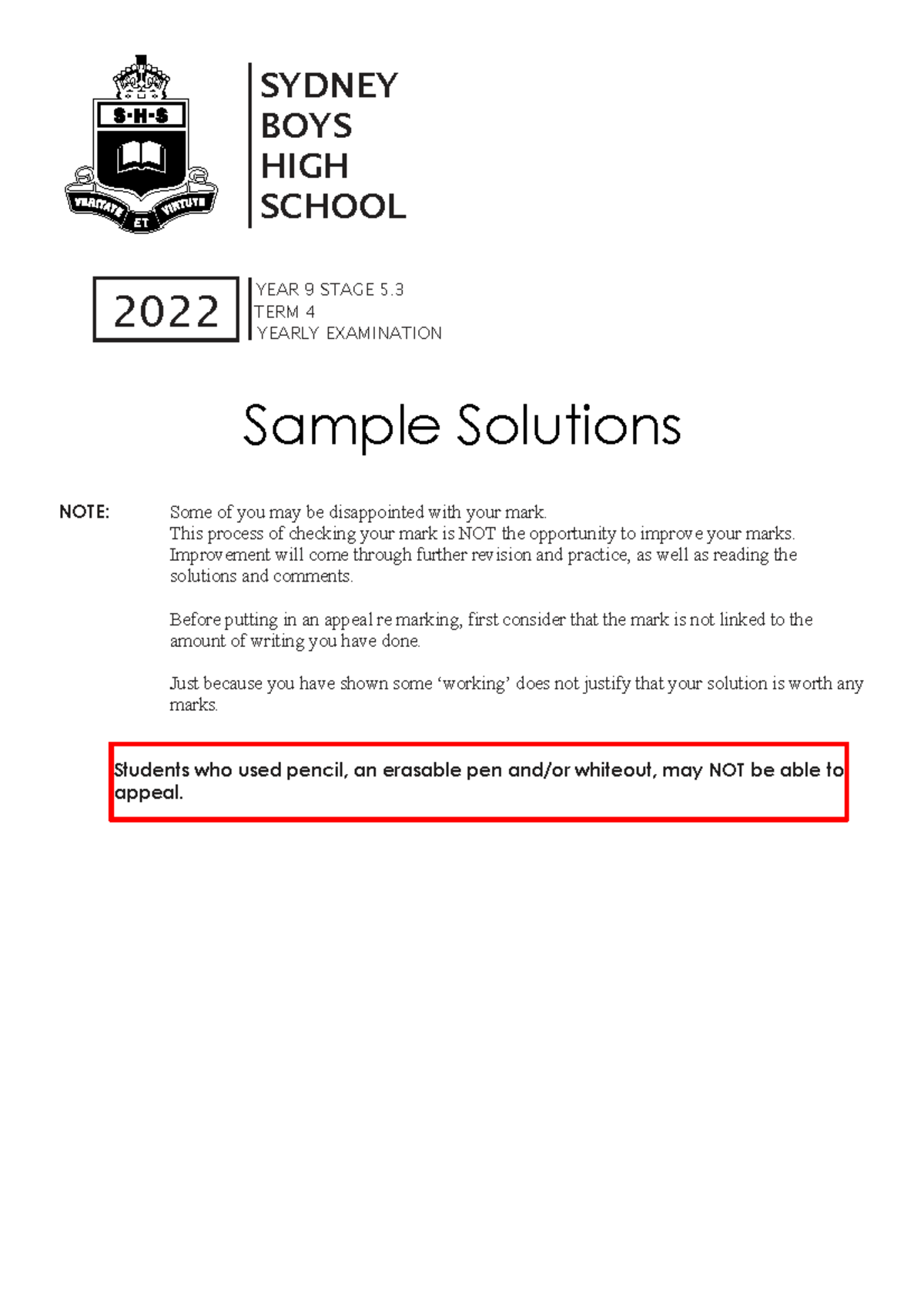 SBHS 2022 Y9 TERM 4 YEARLY EXAMINATION Sample Solutions - Studocu