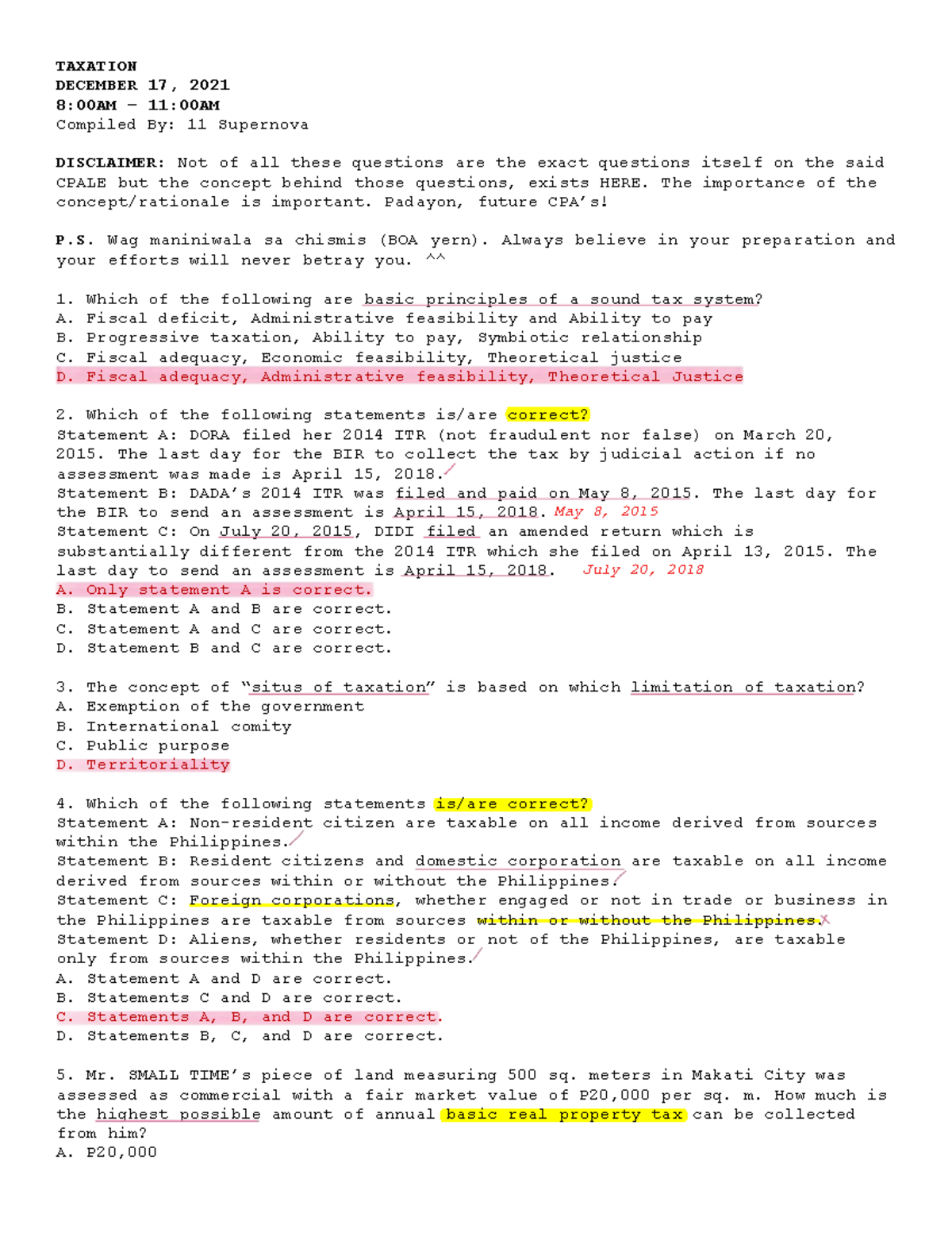 TAX 2021 Theories & Problems: Comprehensive Review for CPALE Exam - Studocu