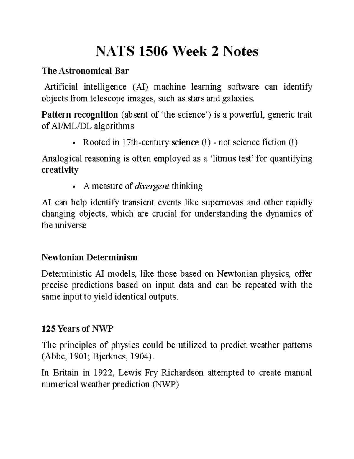 NATS 1506 Week 2 Notes - AI in Astronomy and Weather Prediction - Studocu