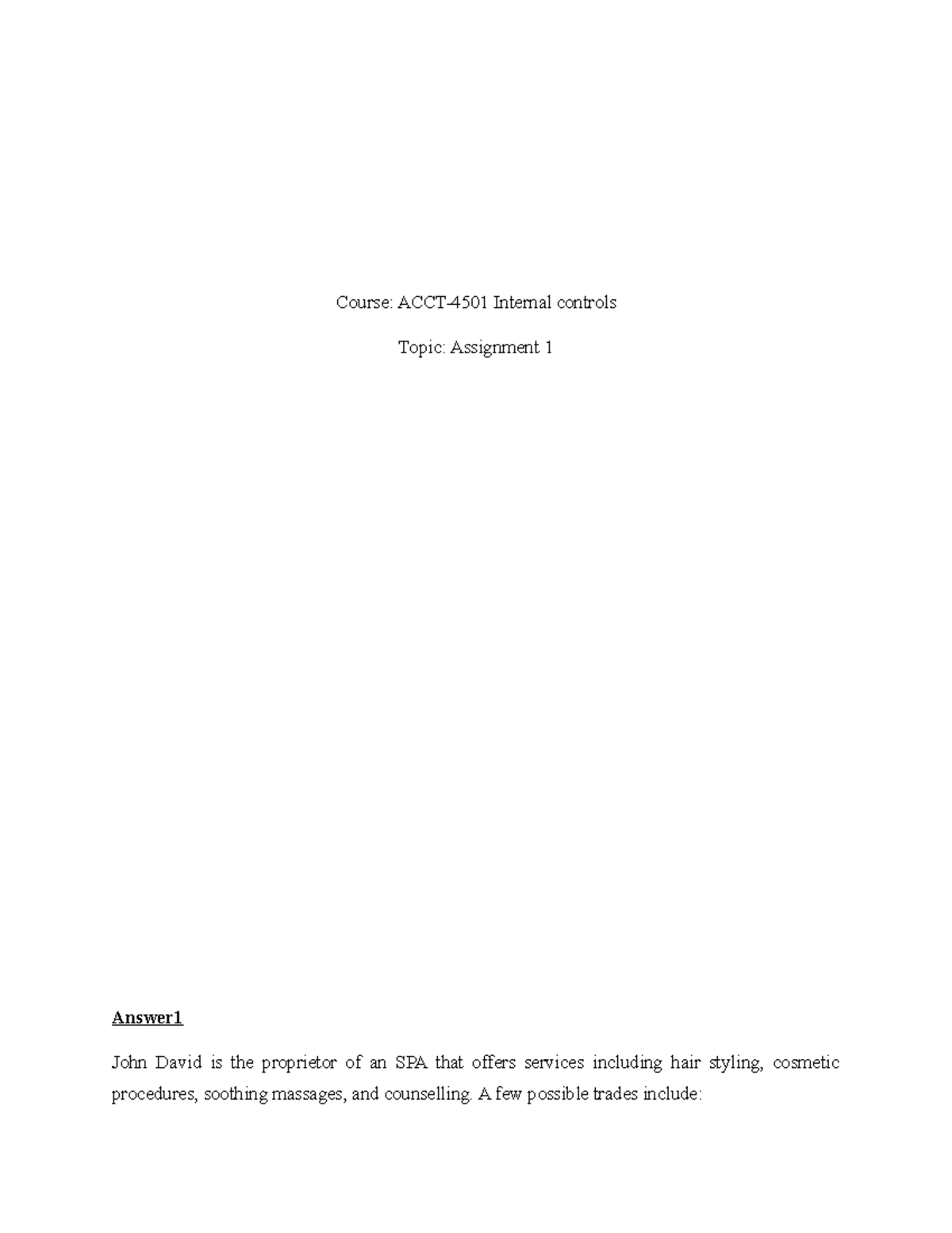 Assignment 1 - ACCT 4501 Internal Controls Analysis and Insights - Studocu