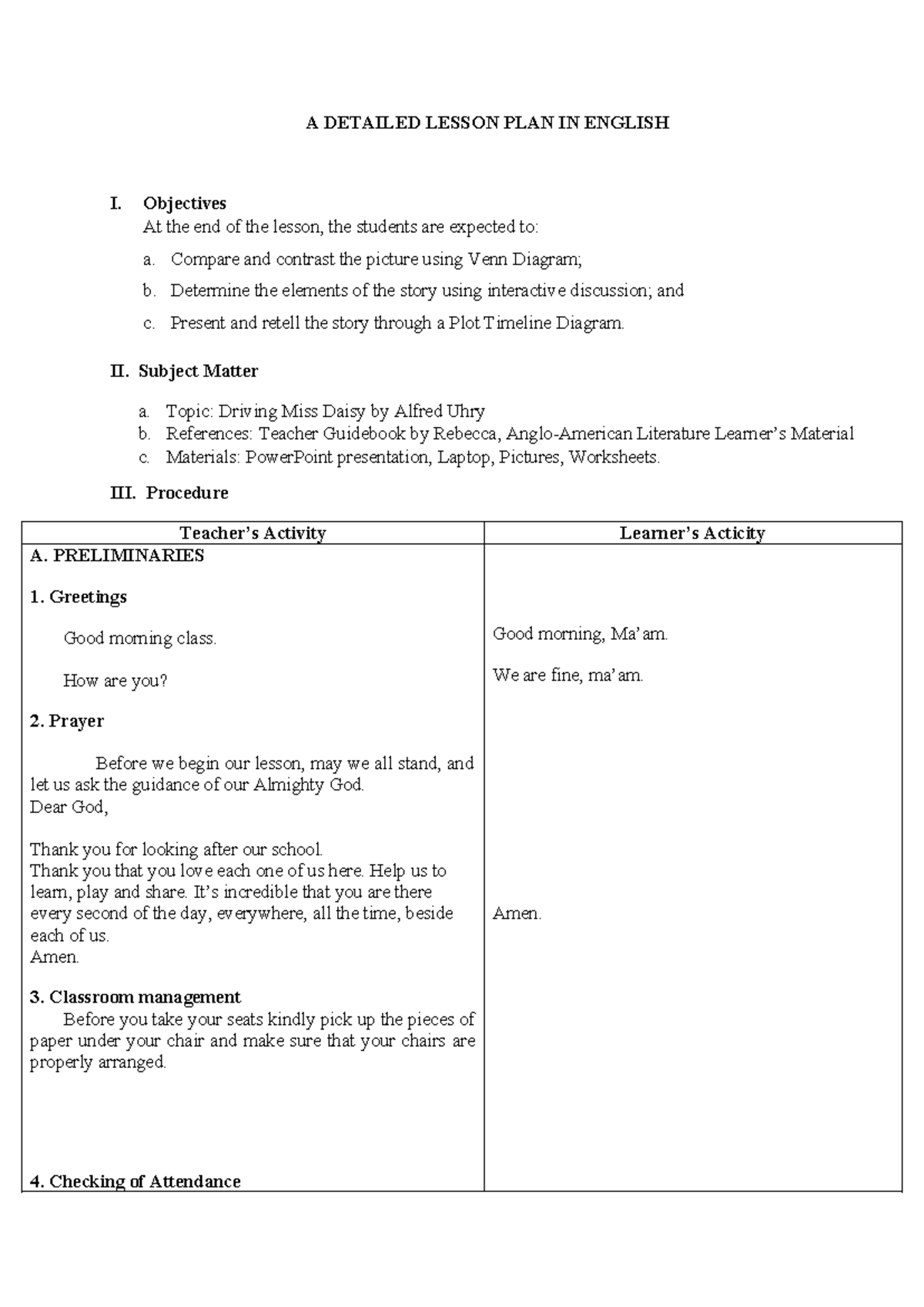 Driving Miss Daisy: Detailed Lesson Plan & Lecture Notes - Studocu