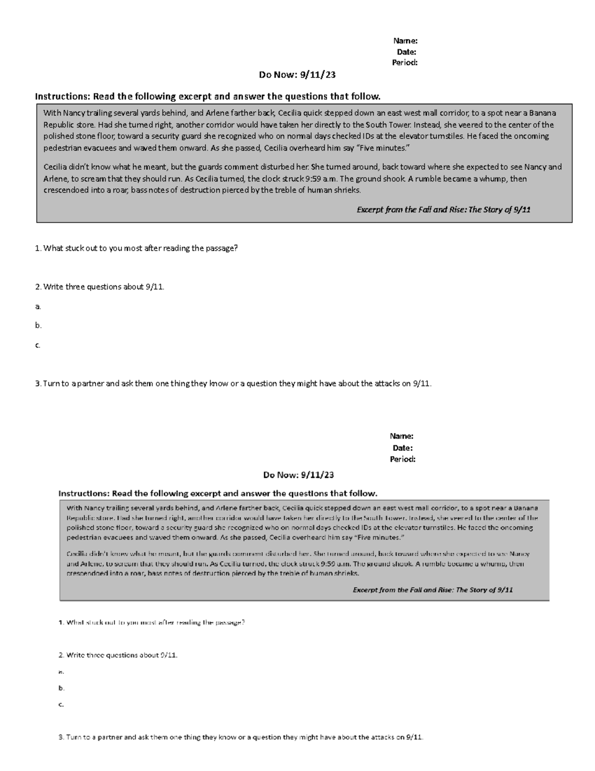 Sep 11 Do Now Activity: Questions & Reflections on 9/11 - Studocu