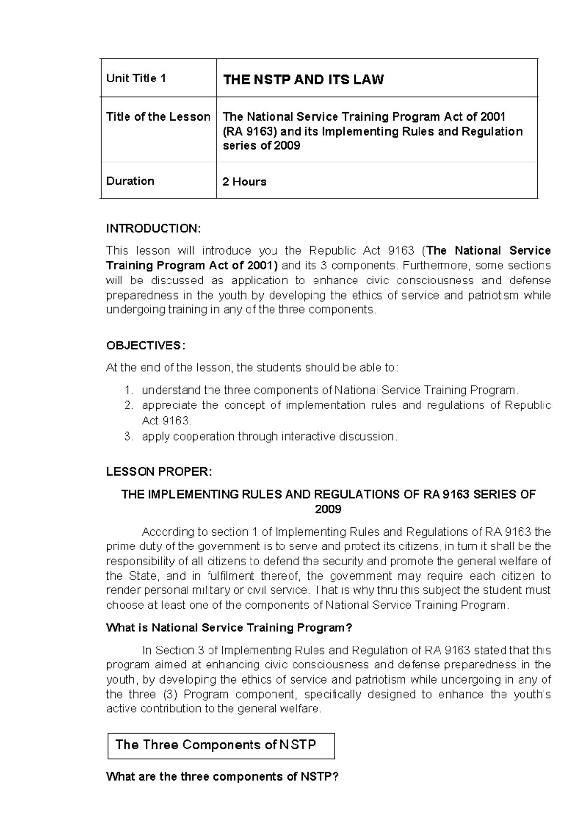 NSTP 10: Overview of the National Service Training Program Act RA 9163 ...