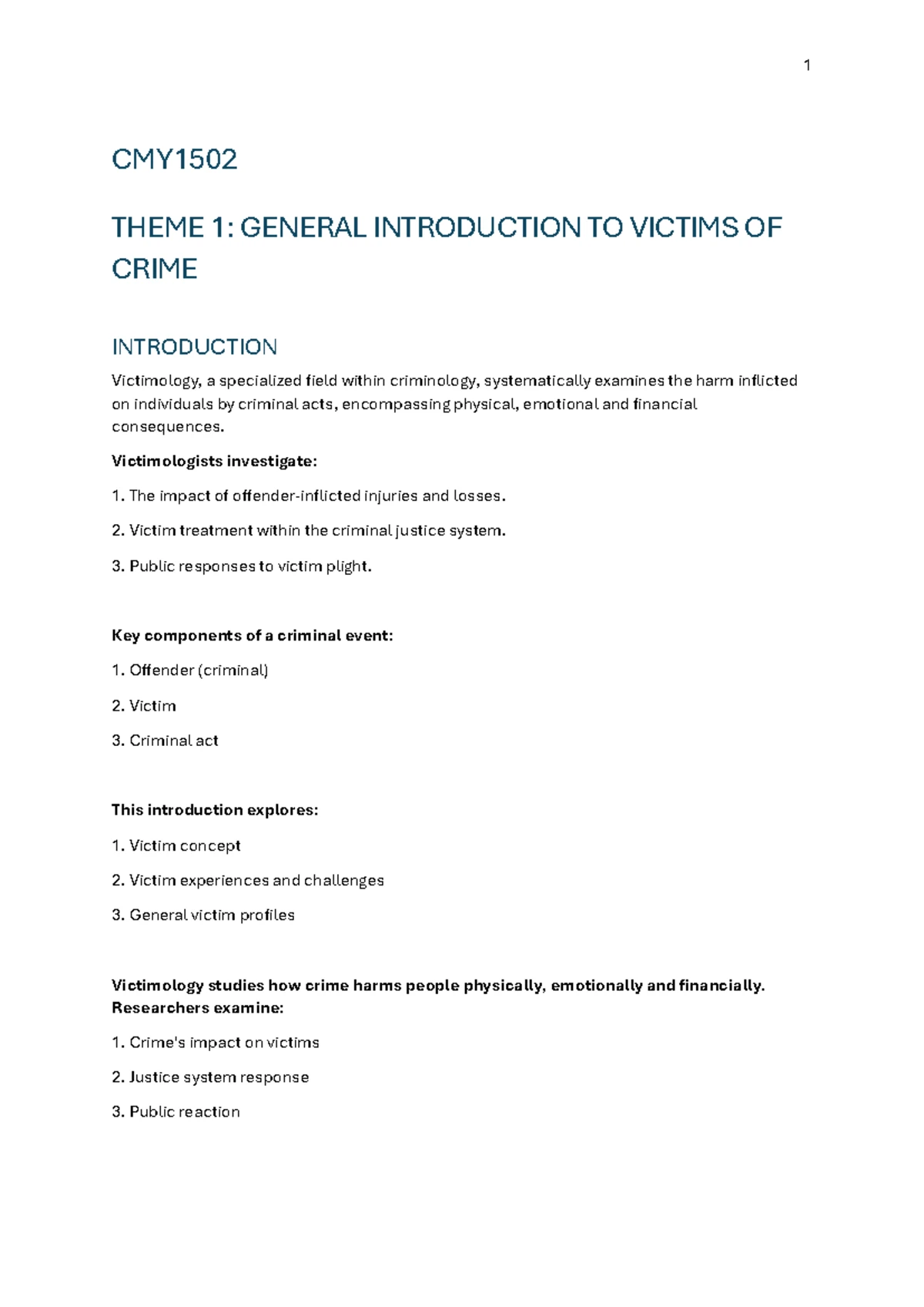 Weekly Lesson 1: Introduction to Criminology (CMY1502) - Victims ...