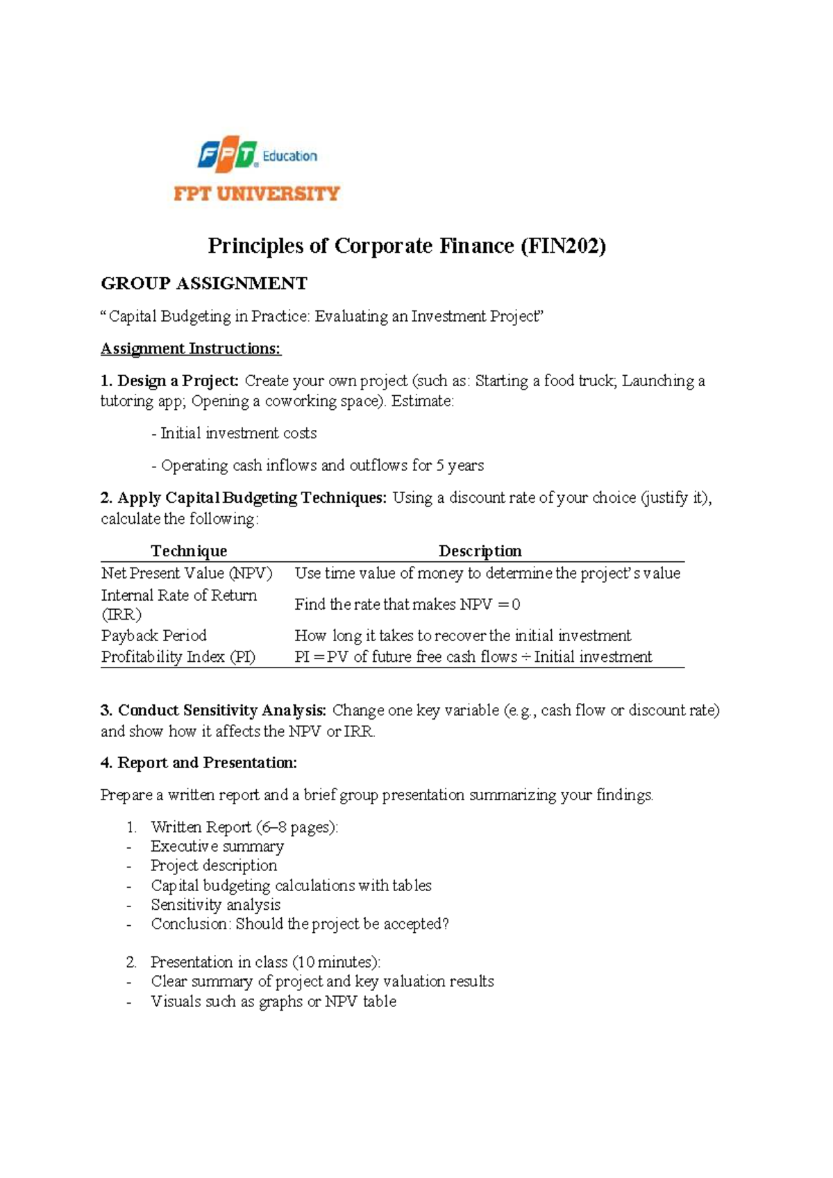 Group Assignment - FIN202: Budgeting & Investment Evaluation - Studocu