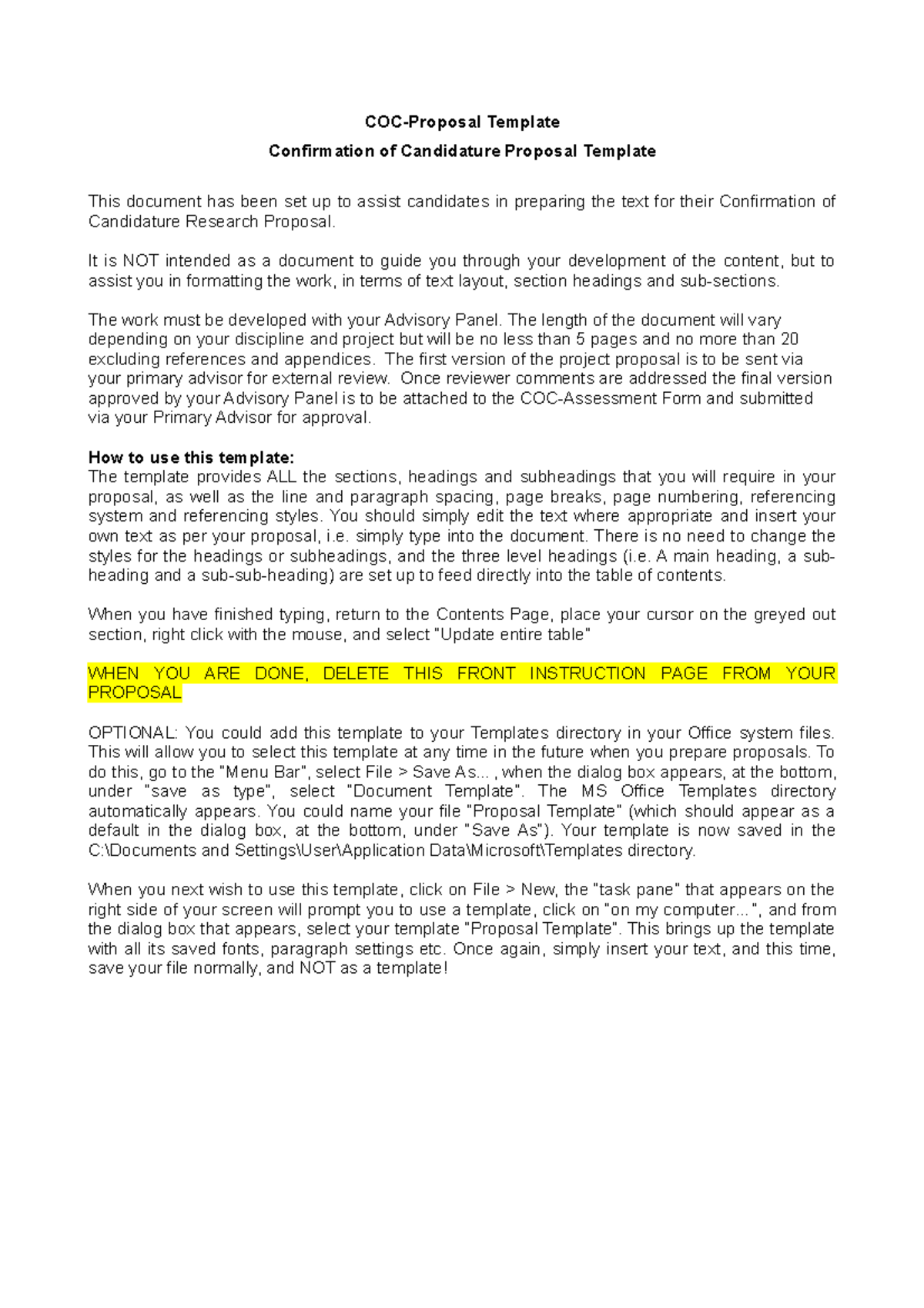 COC-Confirmation of Candidature Proposal Template Guide - Studocu