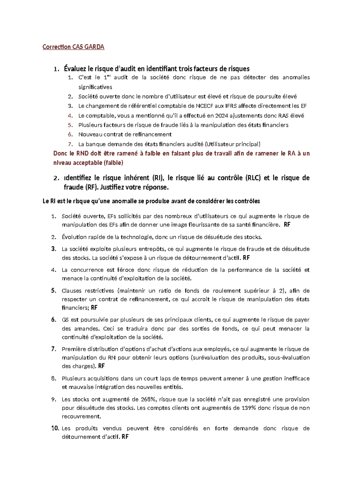 Solution Cas 1 - Correction CAS GARDA 1. Évaluez le risque d’audit en ...