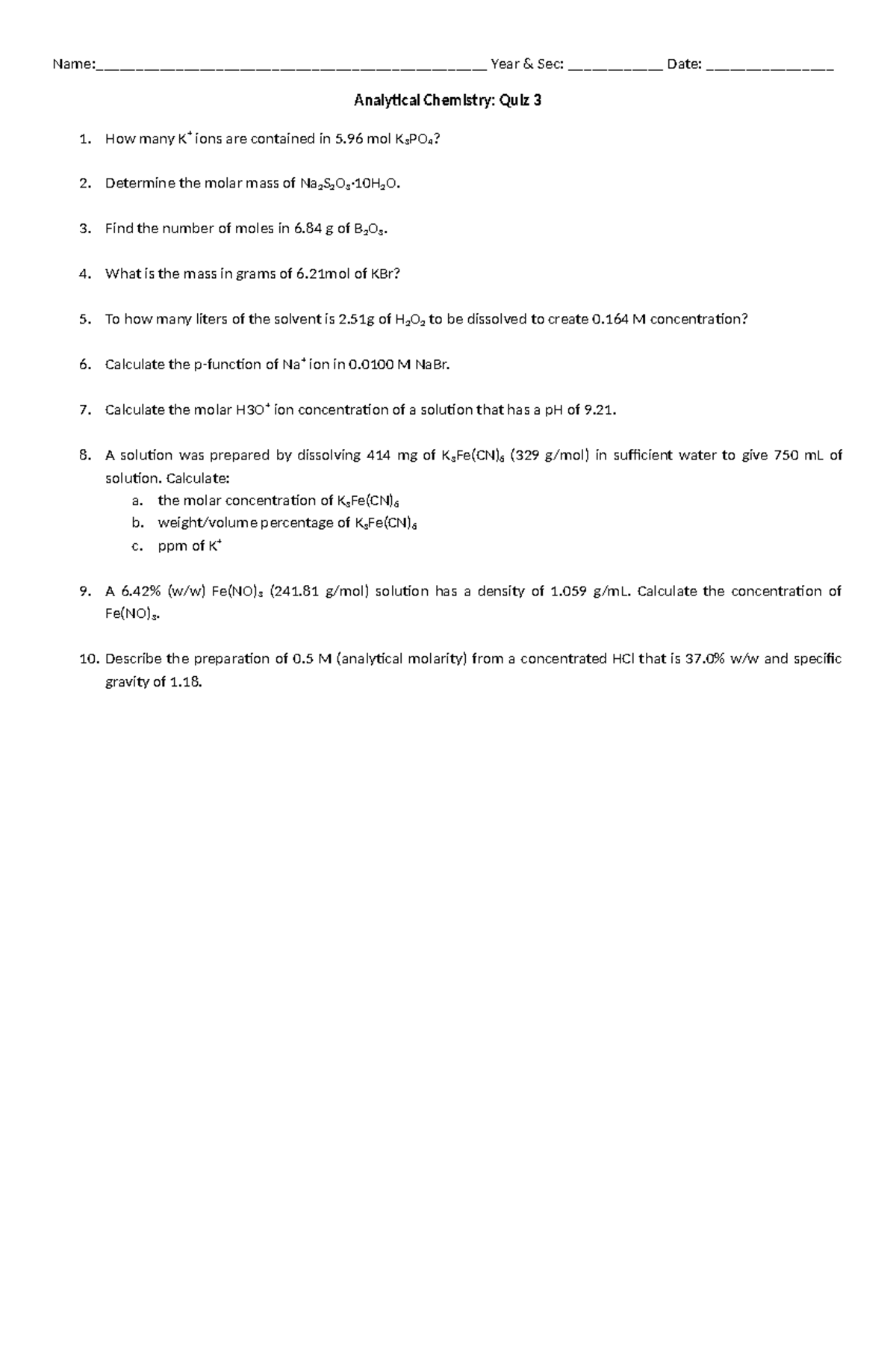 Anachem Stoichiometry Quiz 3 - Name ...