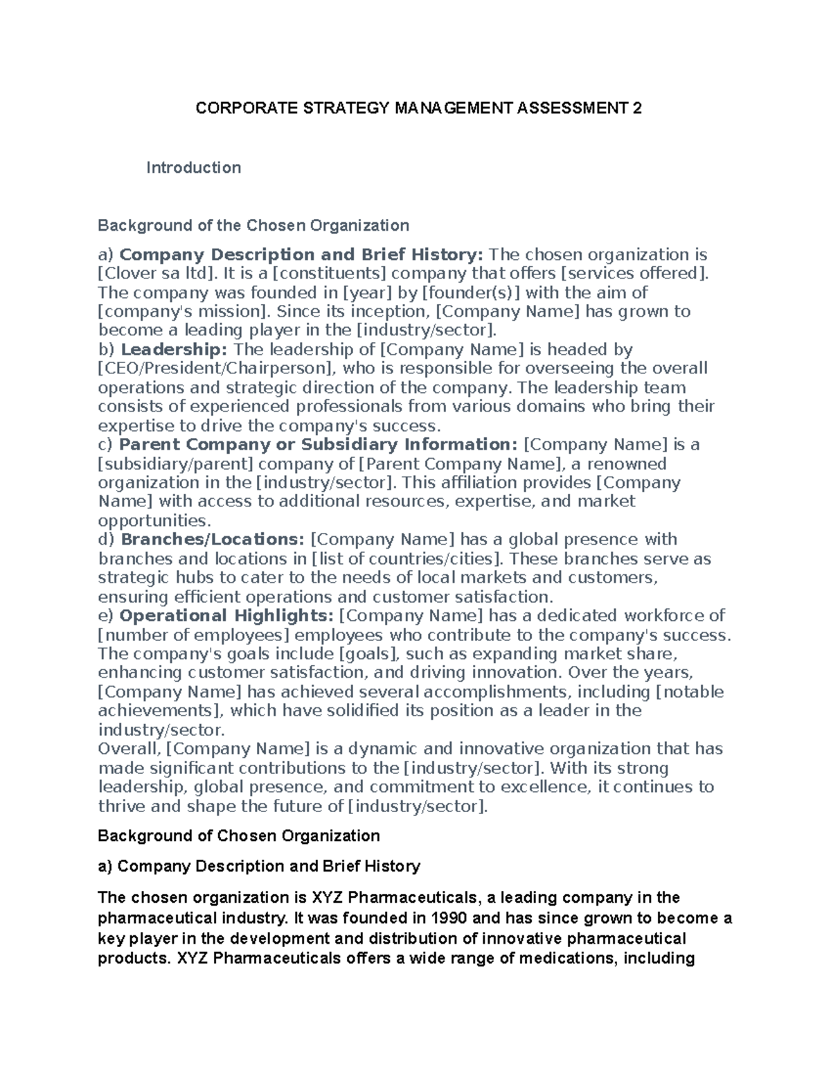Corporate Strategy Management Assessment 2: Analysis and ...