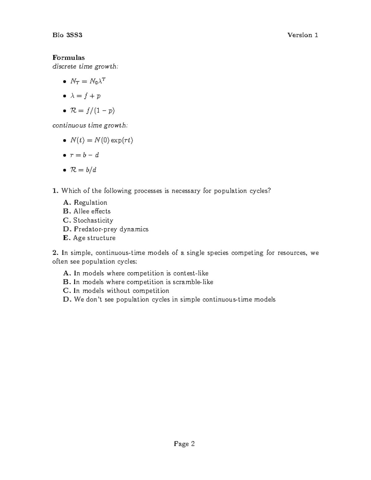 Bio 3SS3 Midterm 1: Discrete & Continuous Population Growth Formulas ...