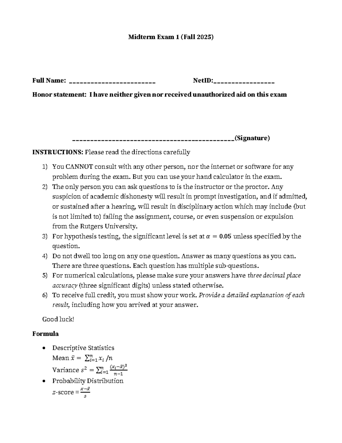 Midterm Exam 1 (STAT 101) Guidelines and Sample Questions - Studocu