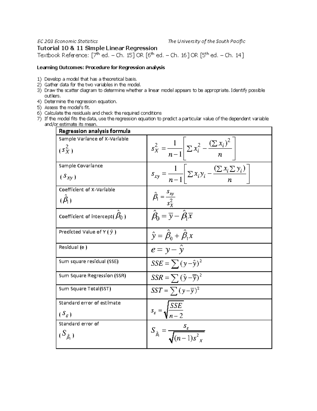 EC 203 Tutorials 10 & 11: Simple Linear Regression Analysis Notes - Studocu