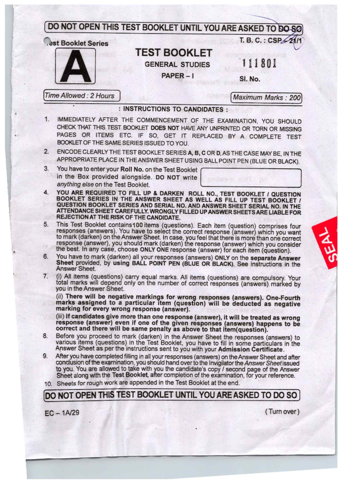 GS P-I - General Studies Test Booklet Instructions and Questions - Studocu