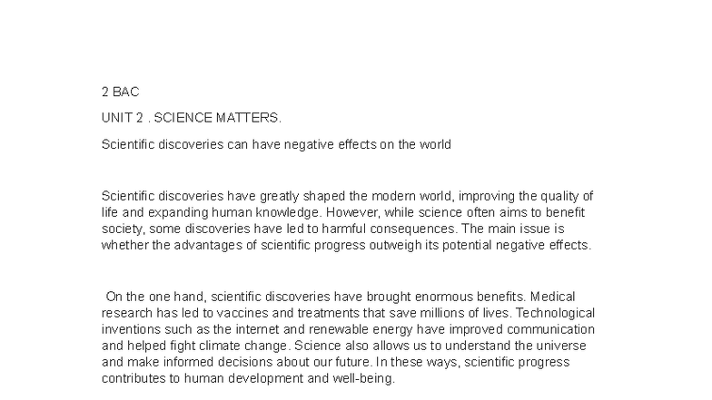2 BAC - ESSAY: The Dual Impact of Scientific Discoveries - Studocu