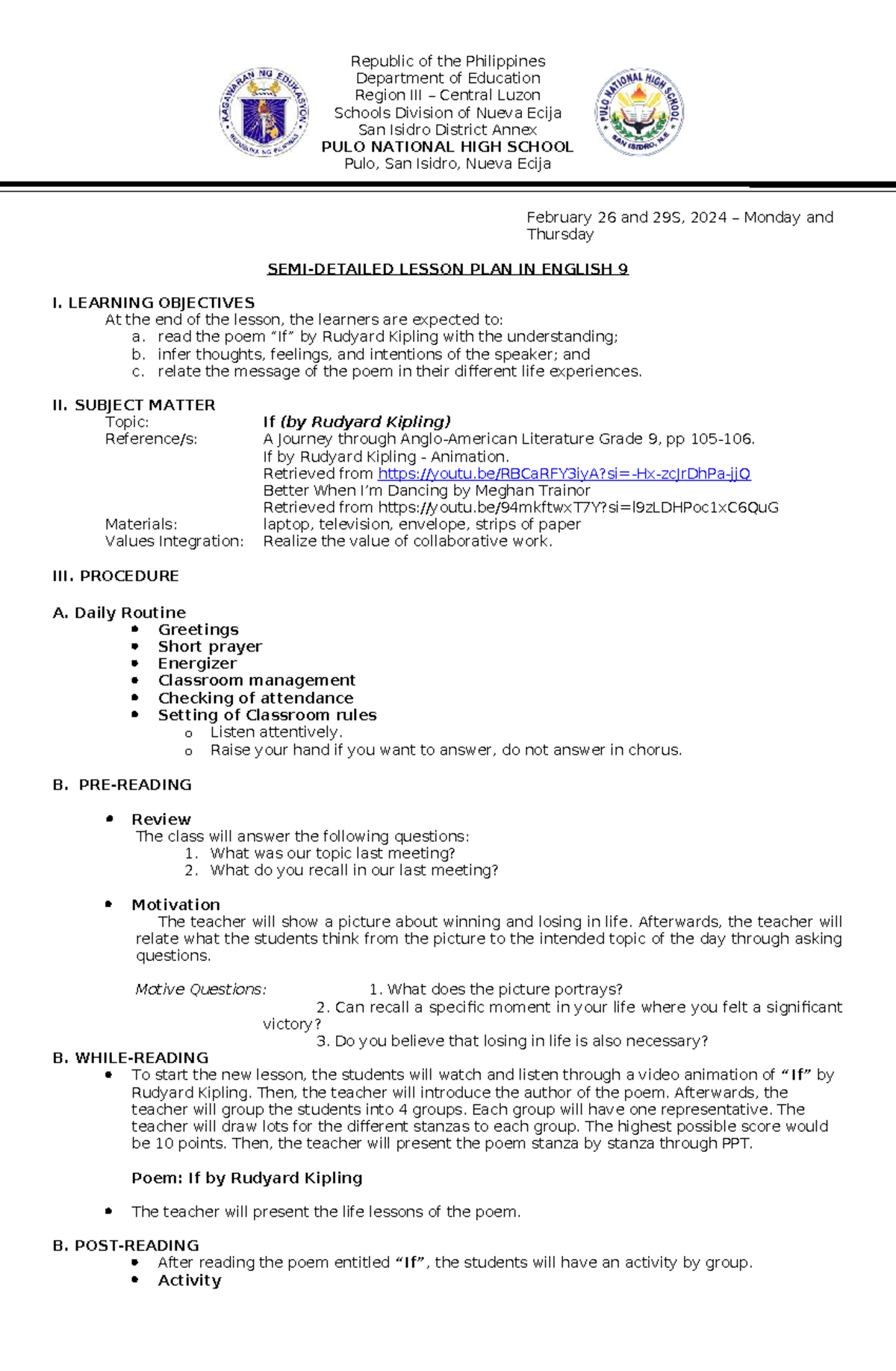 W4D1-2 Eng9Q3 (IF) - Lesson Plan on Rudyard Kipling's Poem - Studocu