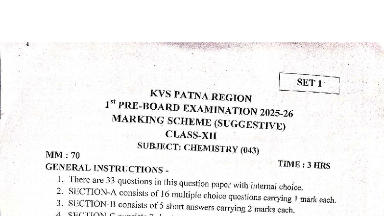 KVS Patna Region Chemistry 1st Exam Marking Scheme (043) - Studocu