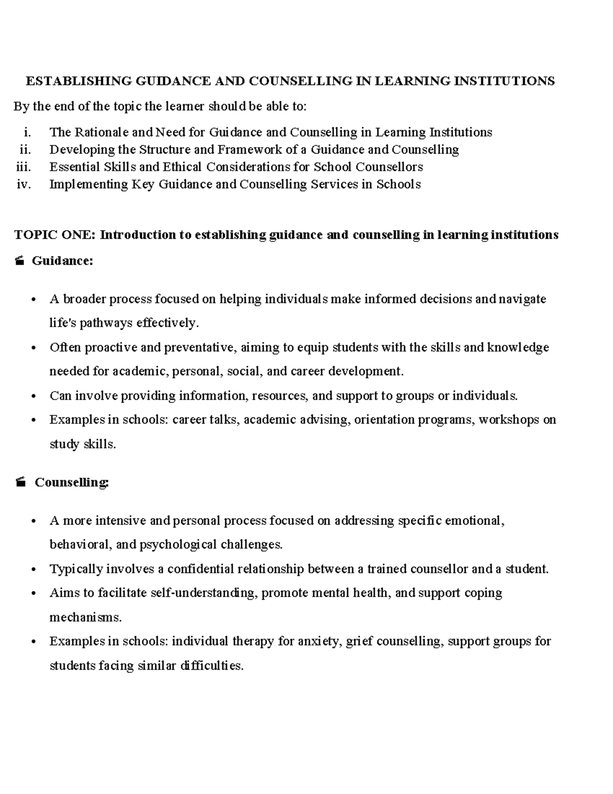 Guidance and Counselling Framework in Learning Institutions - Studocu