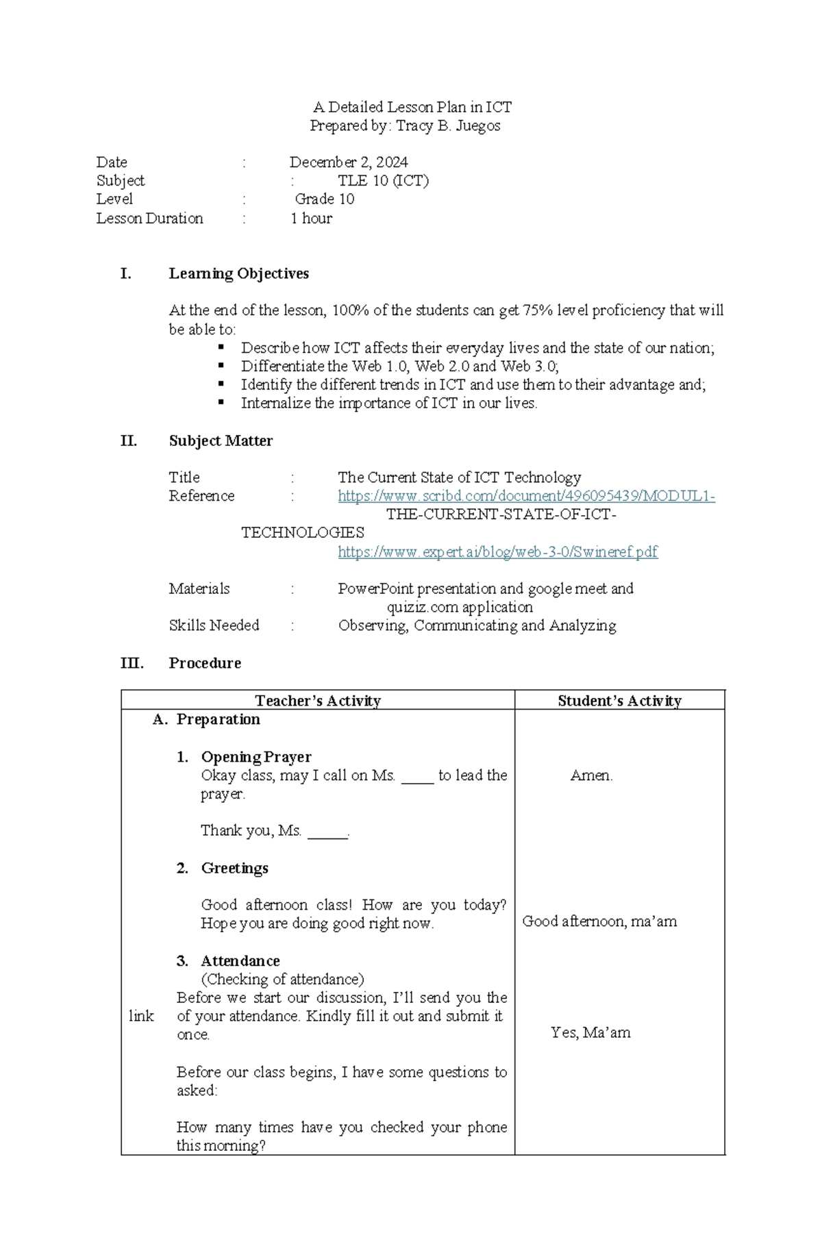 A Detailed Lesson Plan in ICT - A Detailed Lesson Plan in ICT Prepared ...