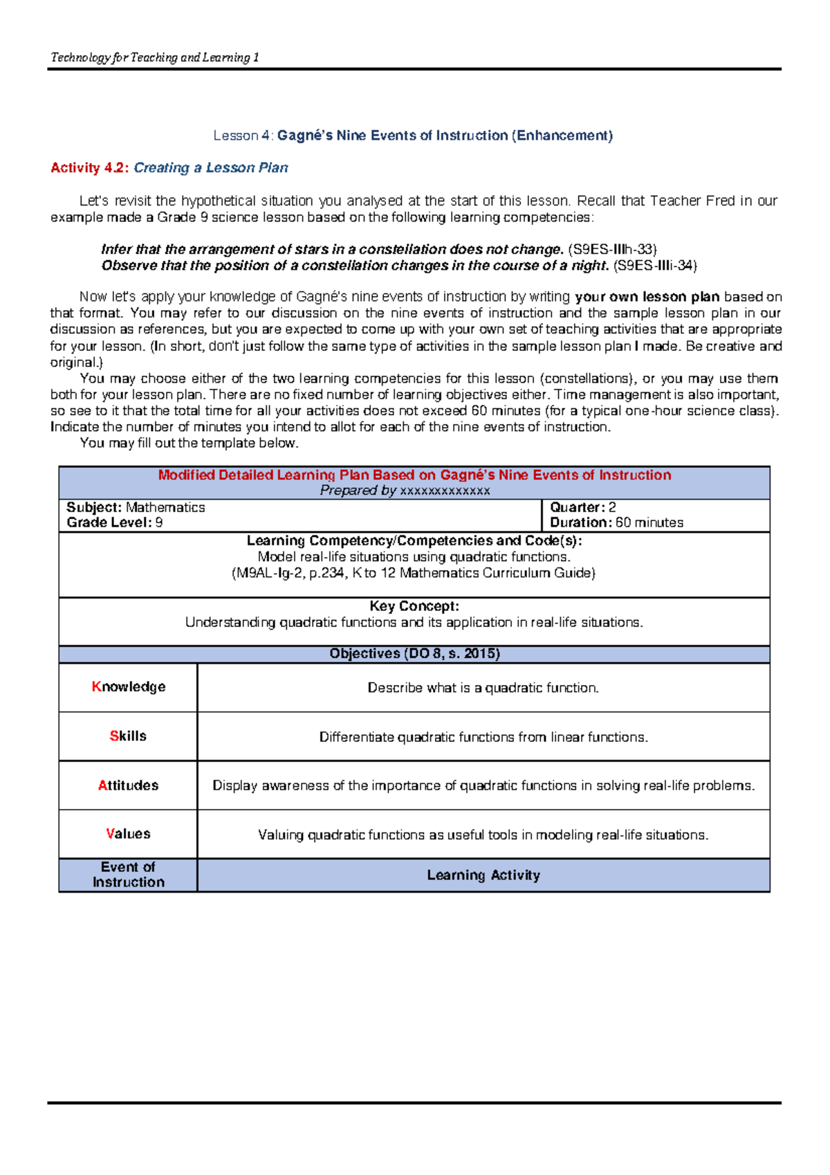 Creating a Lesson Plan for Grade 9 Using Gagné’s 9 Events (T4TL1) - Studocu