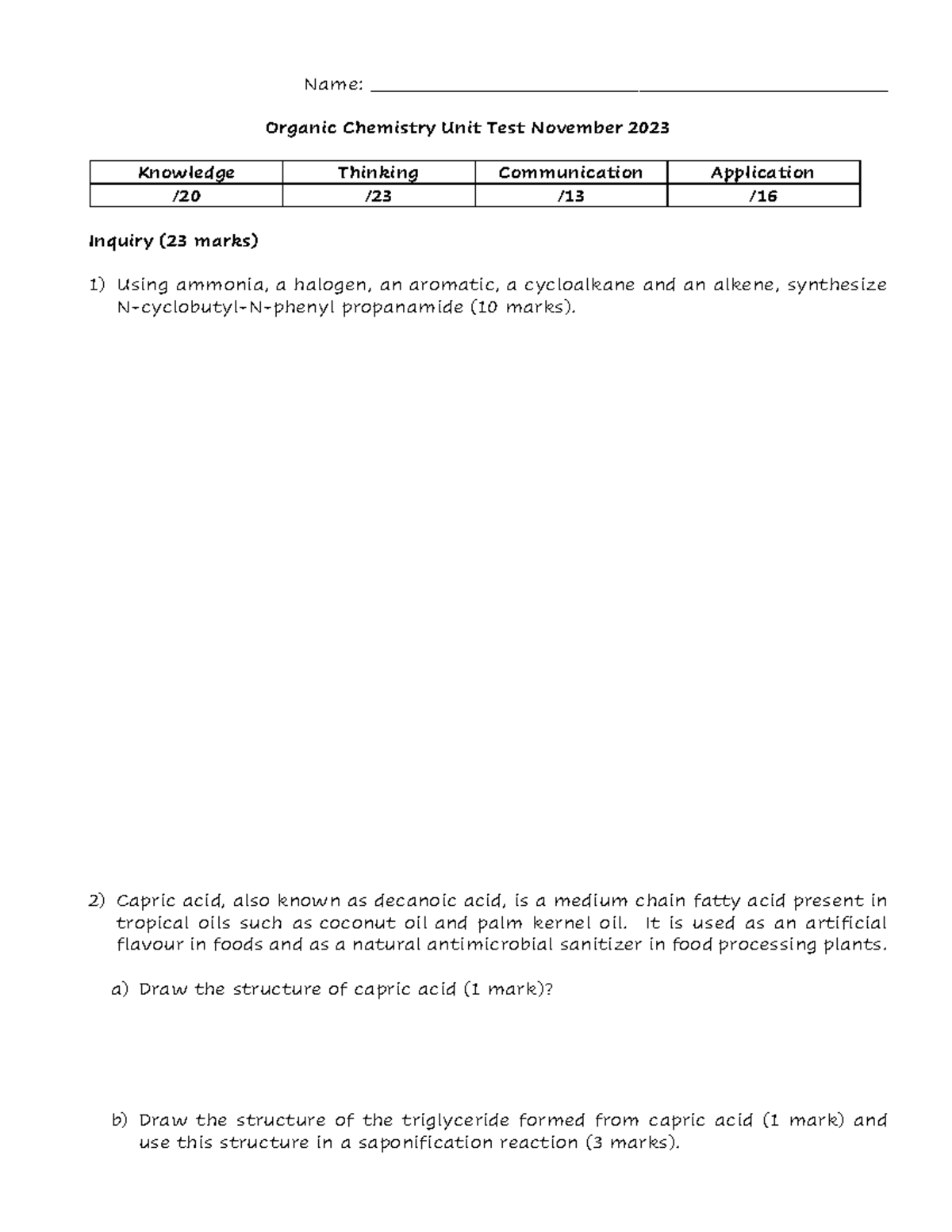 Organic Chemistry Unit Test - Name ...