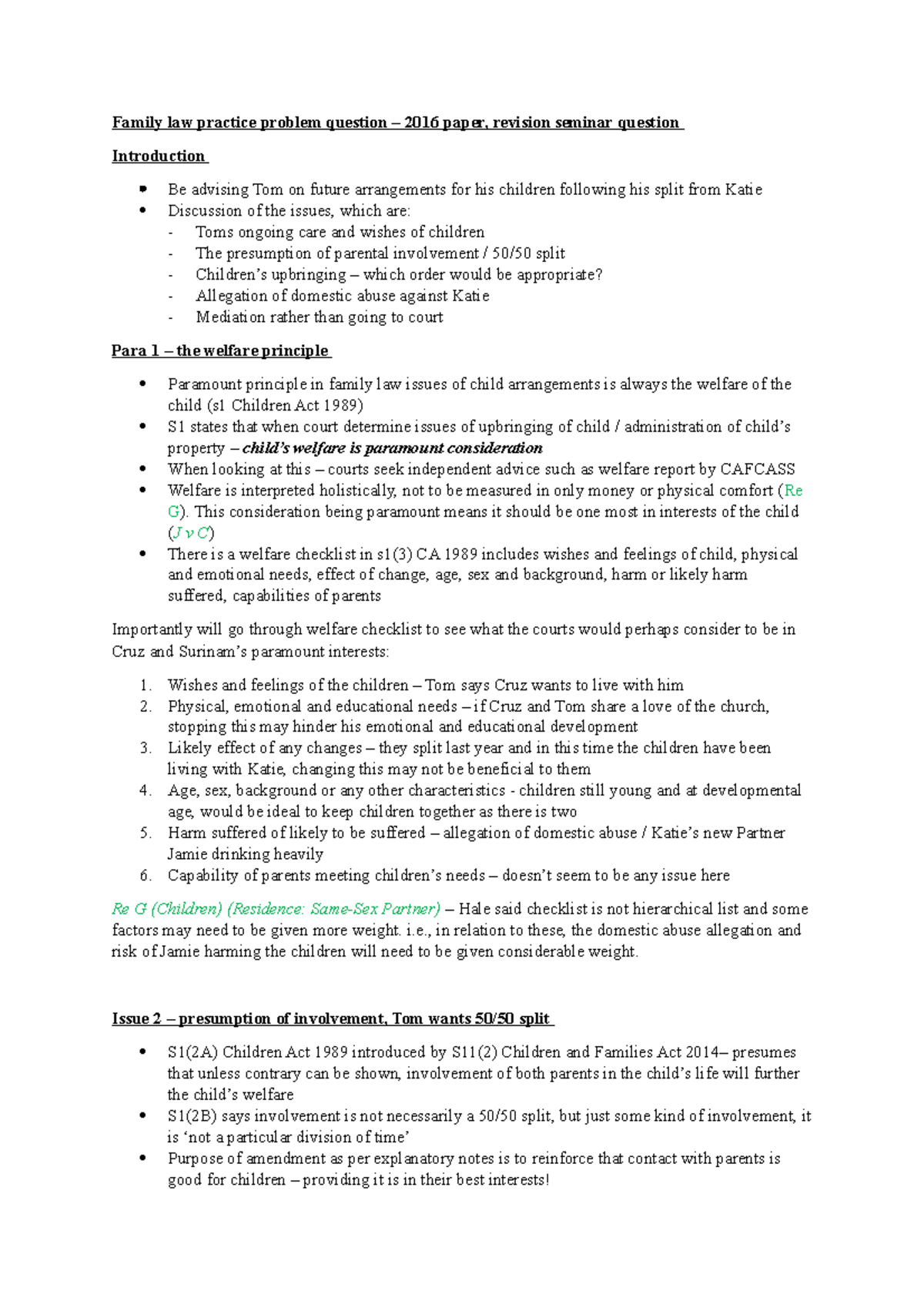 2016 Family Law Problem: Child Arrangements for Tom & Katie - Studocu
