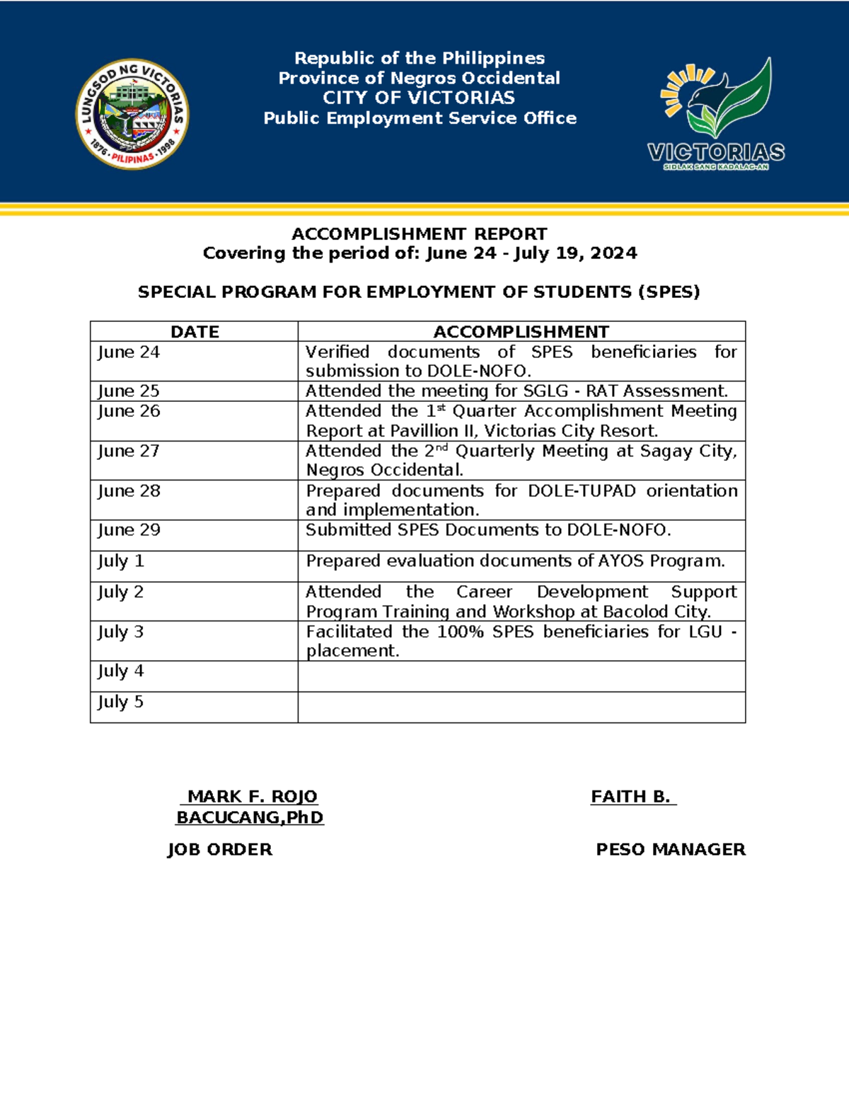 SPES Accomplishment Report: June 24 - July 19, 2024 - Studocu