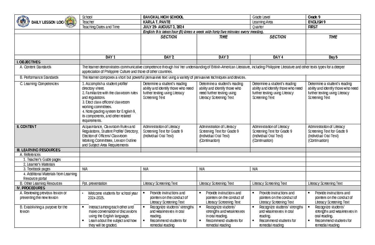 DAILY LESSON LOG: ENGLISH 9 (JULY 29 - AUG 3, 2024) - Studocu