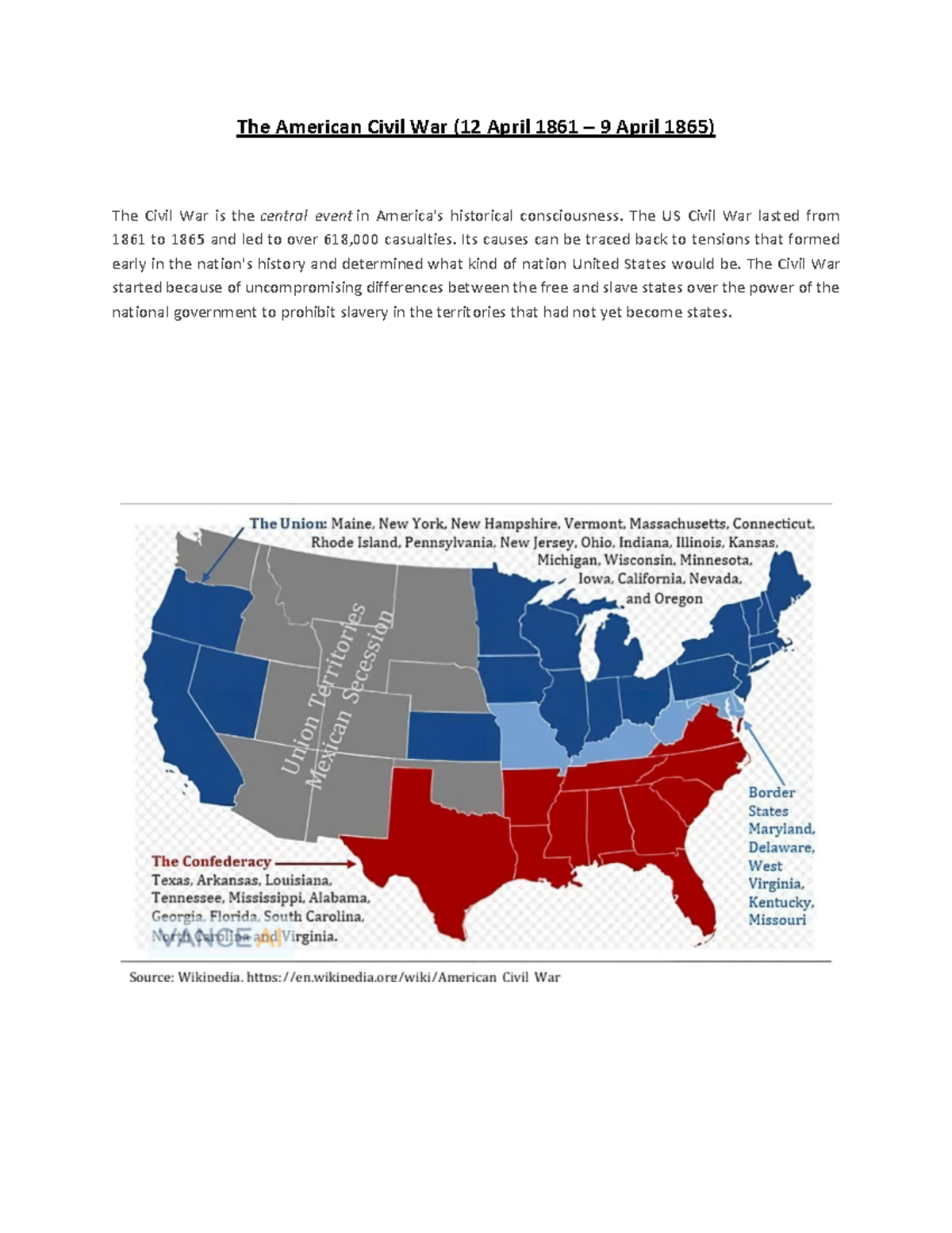 American Civil War (answer) - The American Civil War (12 April 1861 – 9 ...