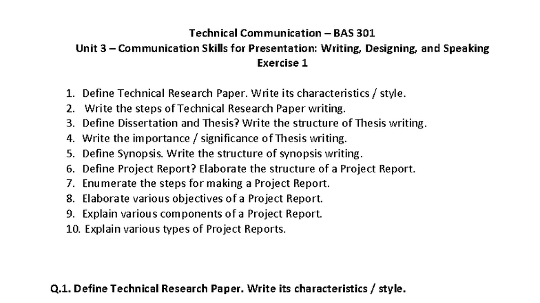 TC BAS 301 Unit 3: Technical Communication Skills & Project Report Writing - Studocu