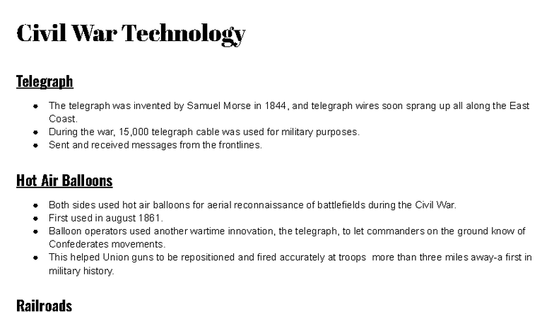 Civil War Technology: Innovations in Warfare and Communication - Studocu
