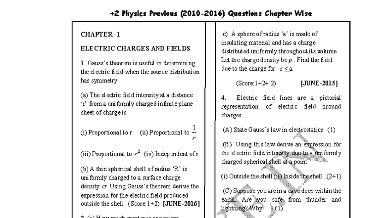 HSSLIVE XII Physics Previous Questions Chapter Wise: Electric Charges ...