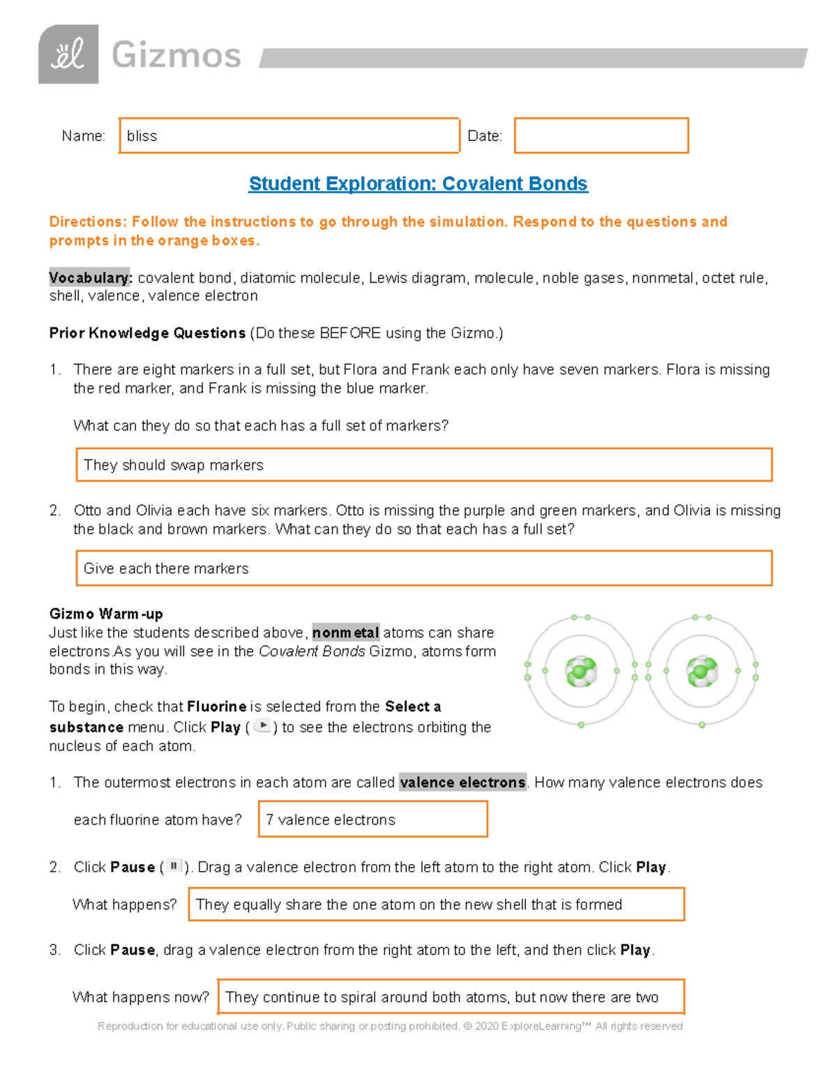 Gizmo - Covalent Bonds - Name: bliss Date: Student Exploration ...