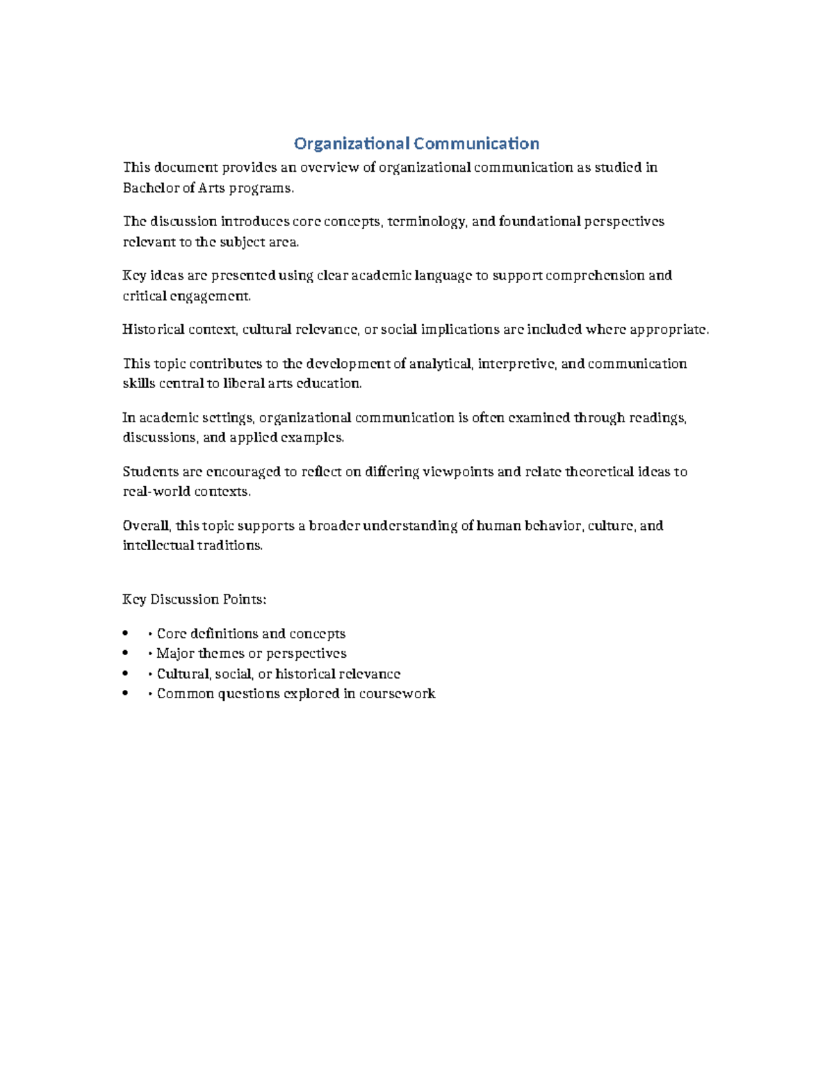 BA Organizational Communication Overview and Key Concepts - Studocu