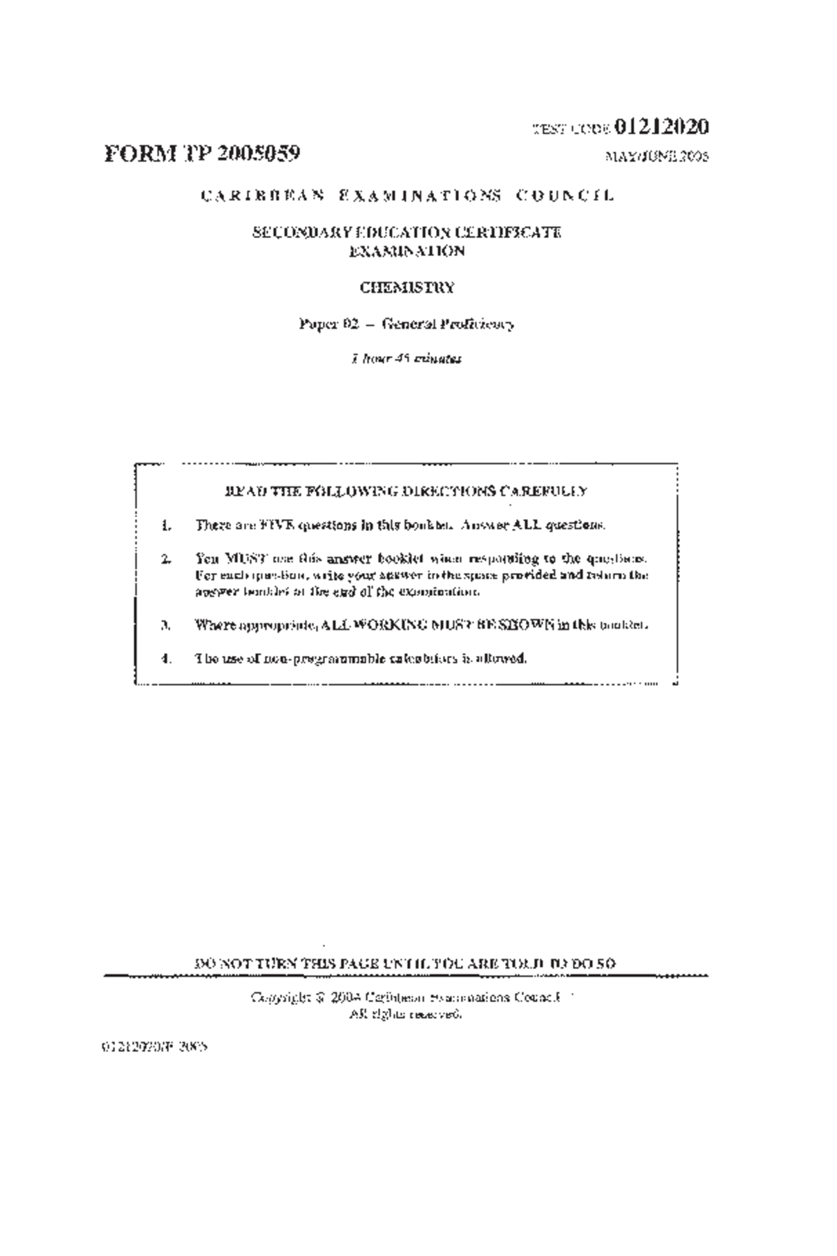 CSEC Chemistry Exam Paper 02 May/June 2005 - Studocu