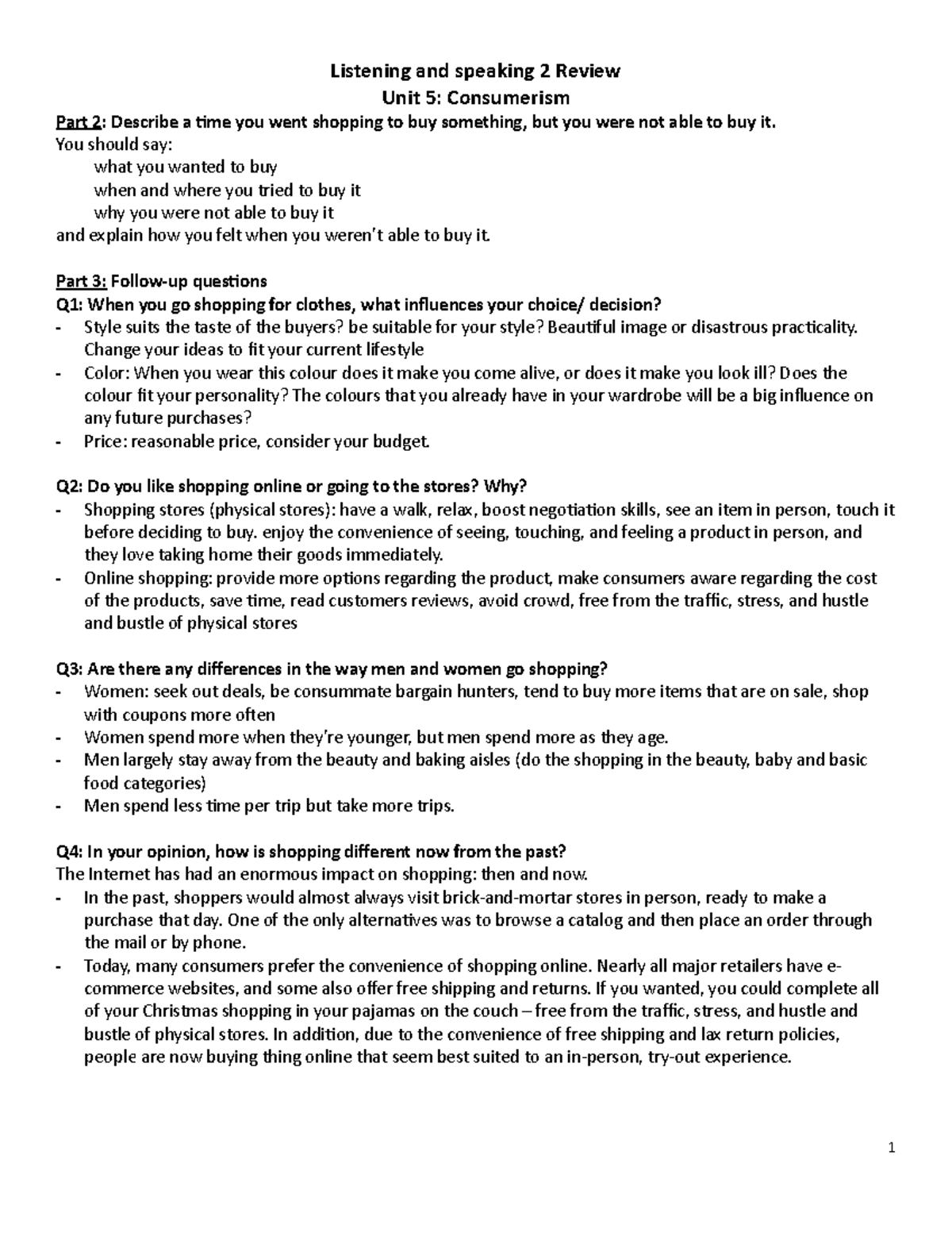 Speaking Review for Listening and Speaking 2 Unit 5-8 - Studocu