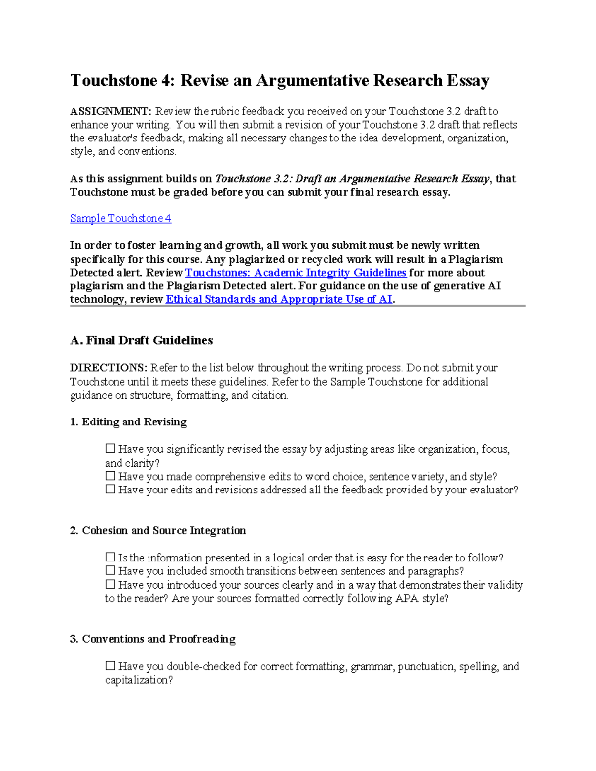 Touchstone 4: Revising Your Argumentative Research Essay Draft - Studocu