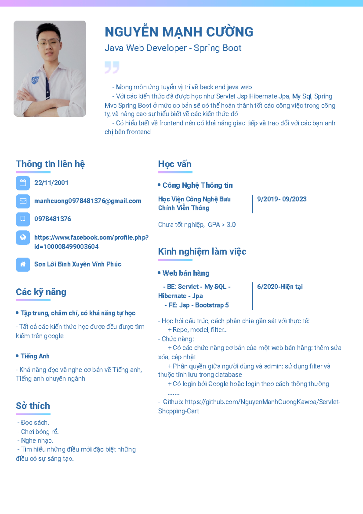 CV Nguyen-Manh-Cuong Spring Boot - NGUYỄN MẠNH CƯỜNG Java Web Developer - Spring Boot Mong môn ...