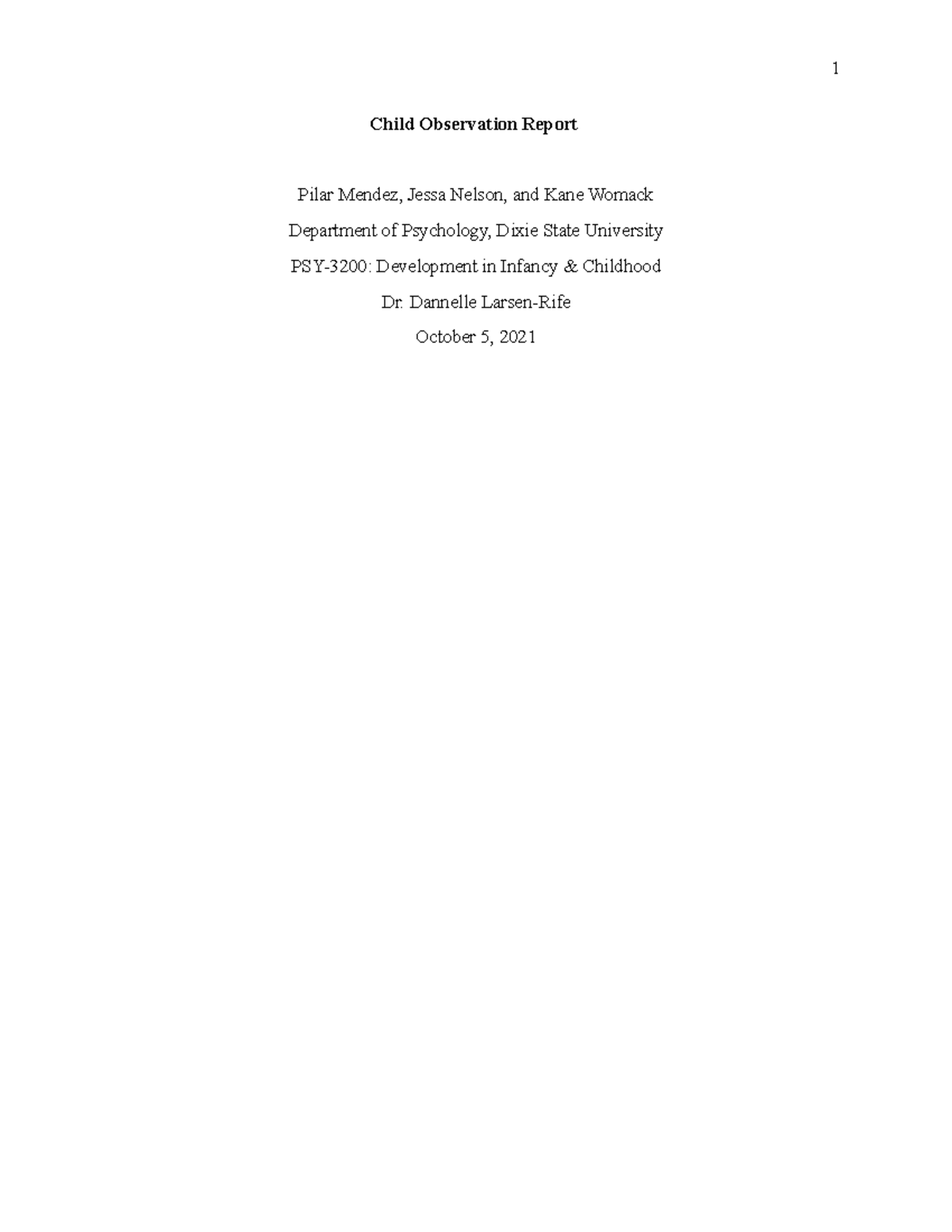 Child Observation Report: Developmental Milestone Analysis (PSY-3200 ...